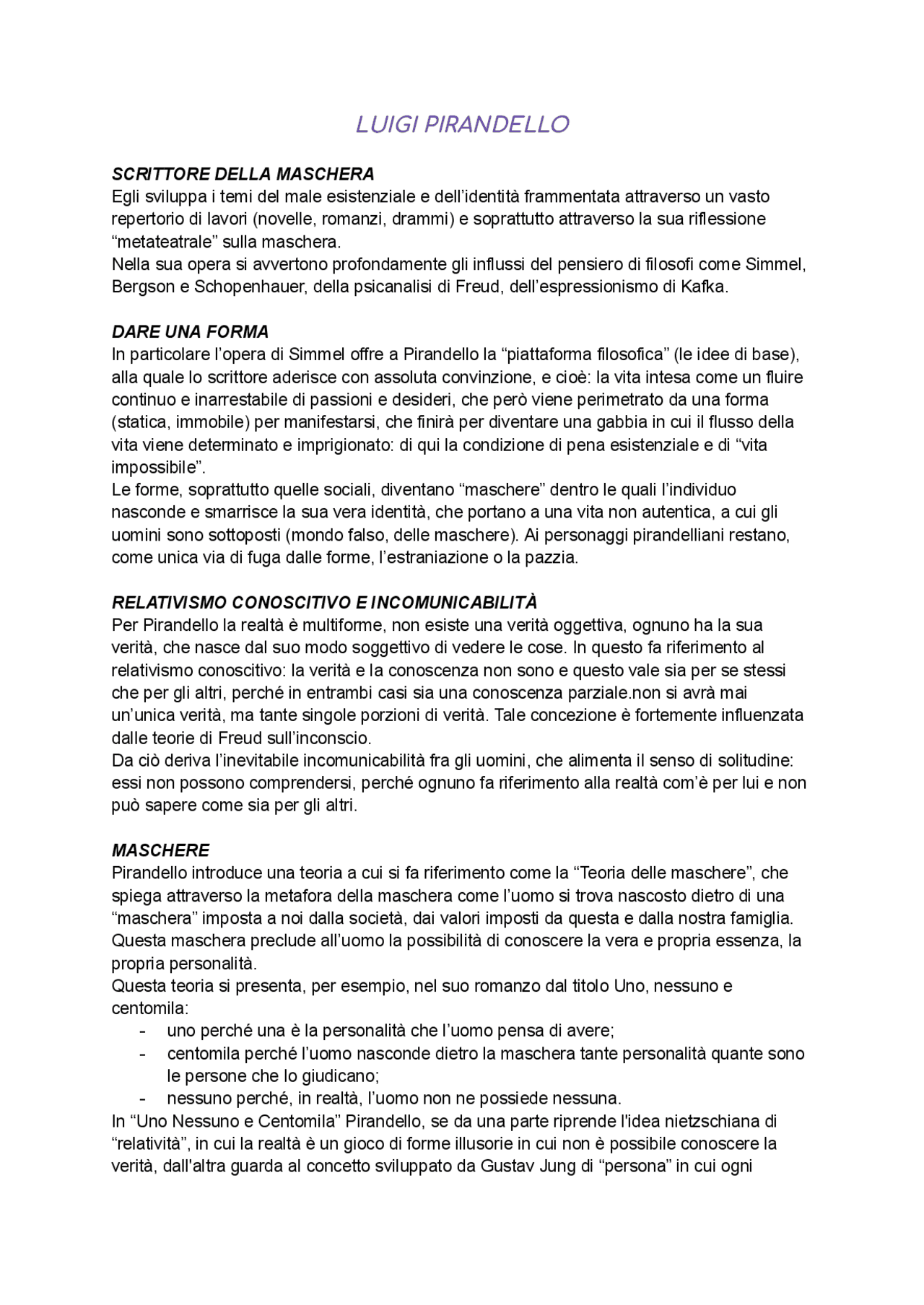 luigi pirandello e le sue opere | Appunti di Lingue e letterature classiche | Docsity