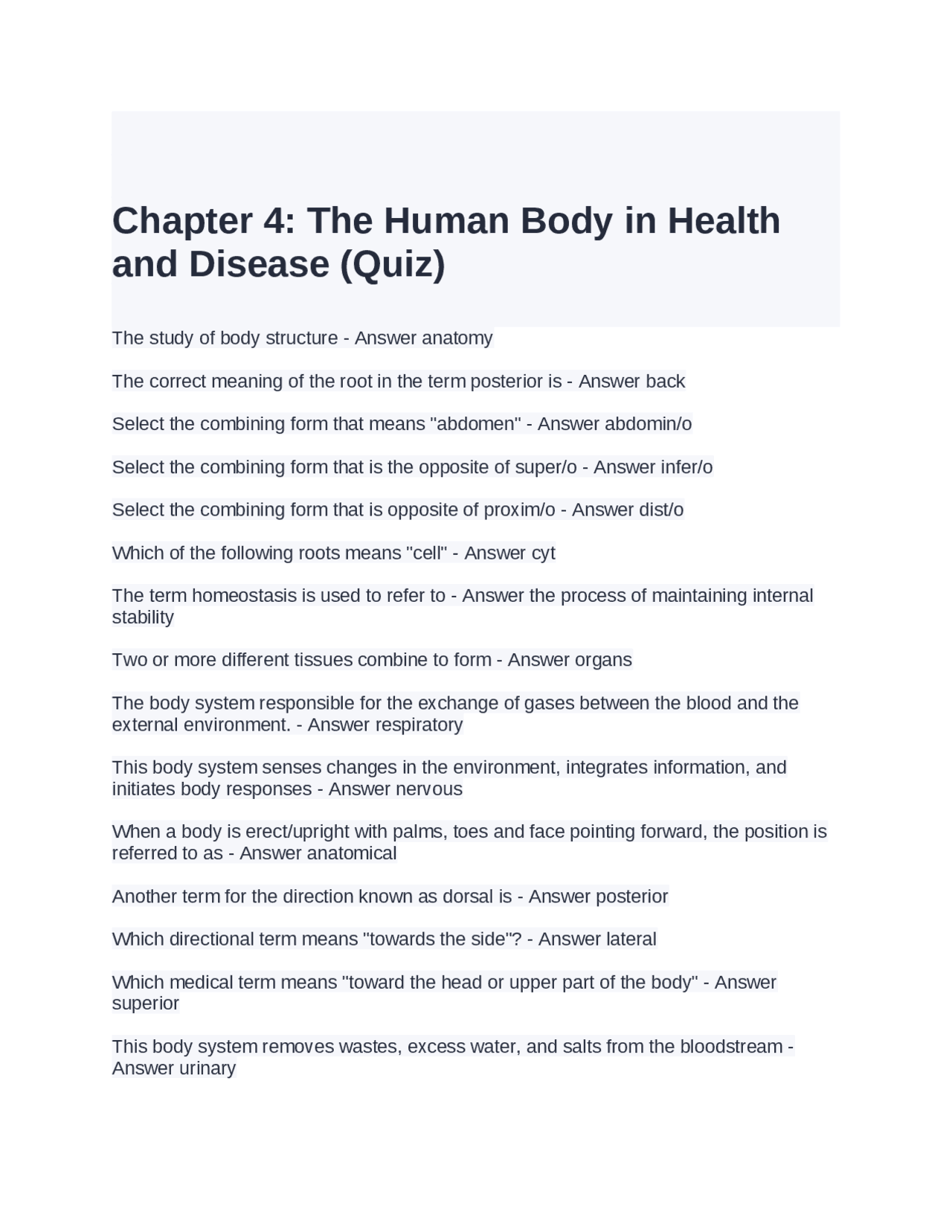 Chapter 4 The Human Body in Health and Disease (Quiz) with complete ...