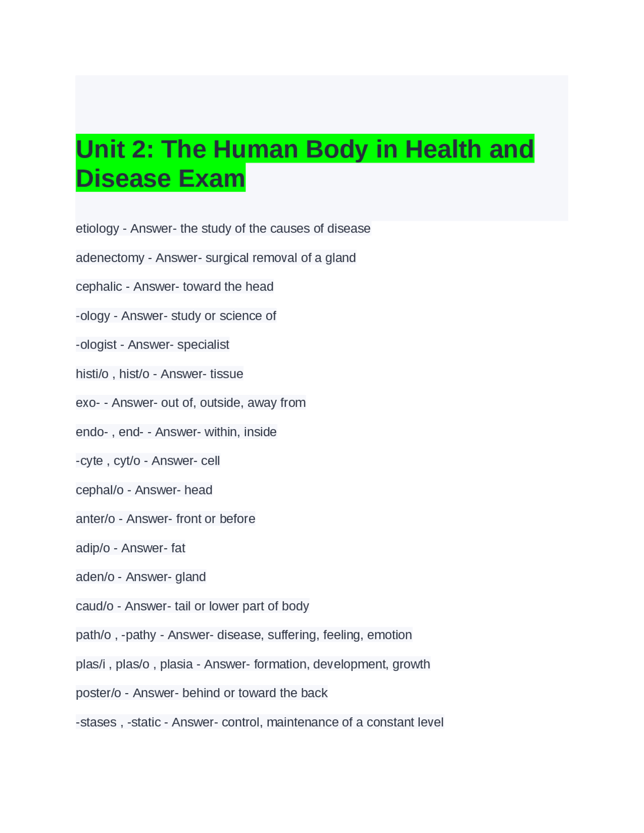 Unit 2 The Human Body in Health and Disease Exam 2024 | Exams Advanced ...