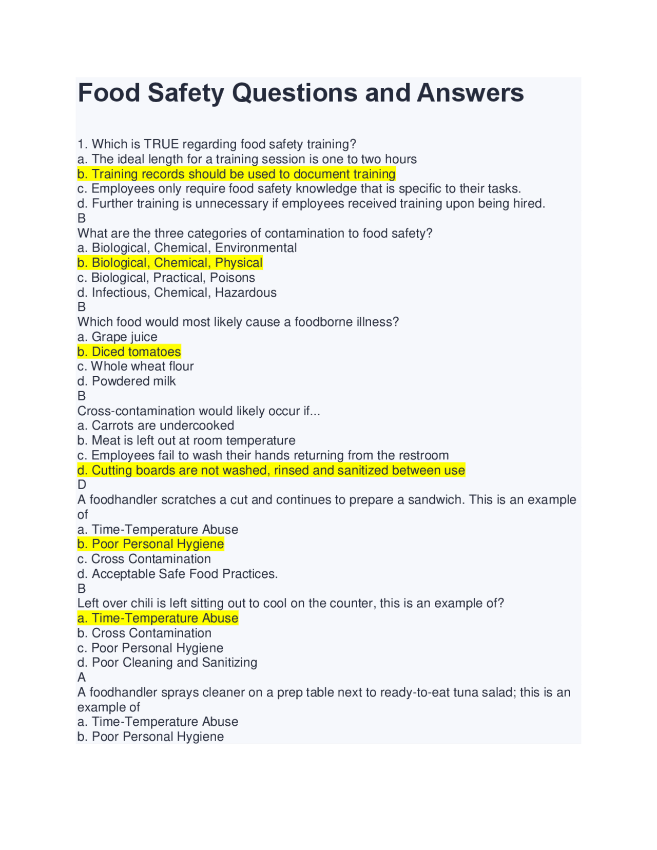 Food Safety Questions and Answers | Exams Nursing | Docsity