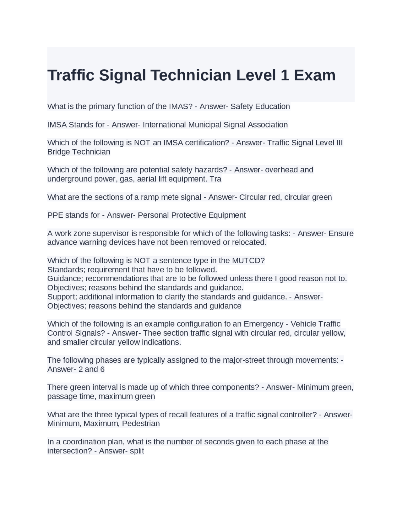 Traffic Signal Technician Level 1 Exam with correct Answers | Exams ...