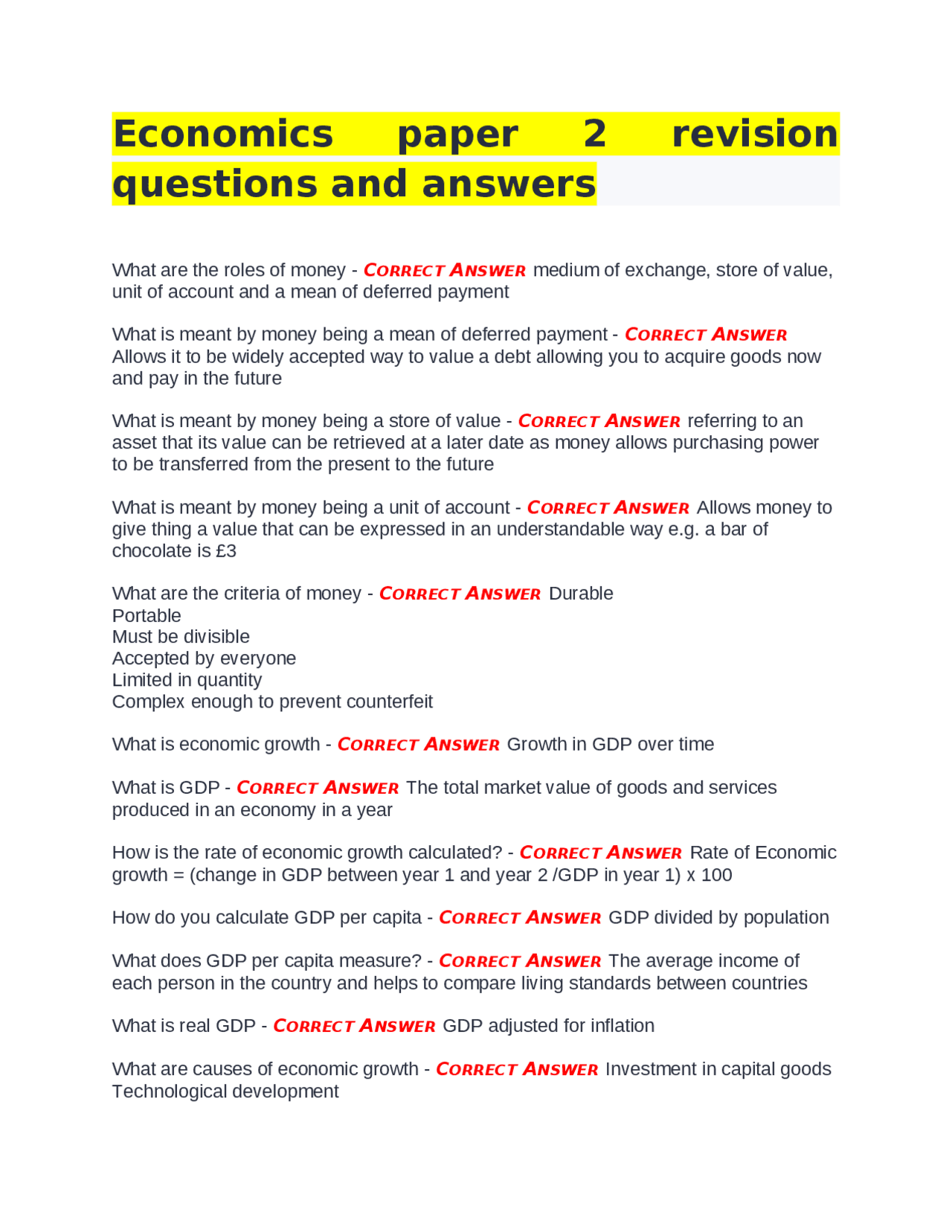 Economics paper 2 revision questions and answers | Exams Economics | Docsity