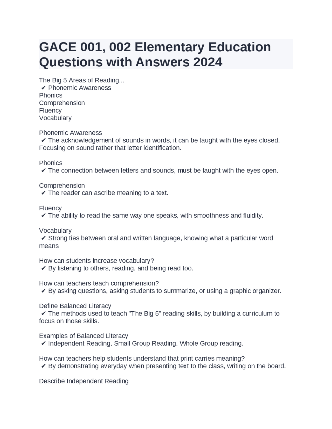 GACE 001, 002 Elementary Education Questions with Answers 2024 | Exams ...