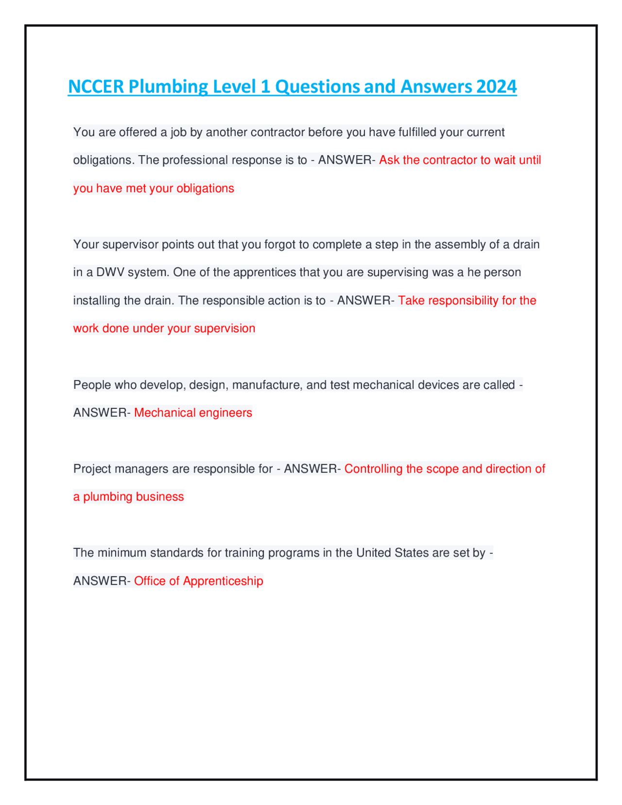 NCCER Plumbing Level 1 Questions and Answers 2024 | Exams Nursing | Docsity