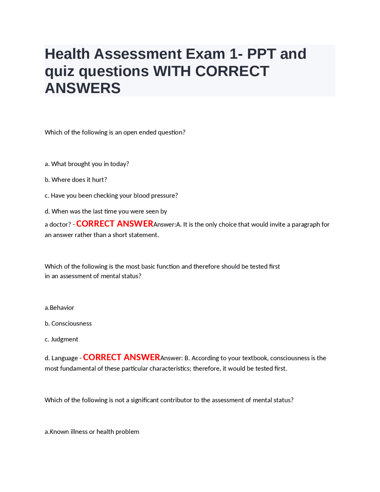 Health Assessment Exam 1- PPT and quiz questions WITH CORRECT ANSWERS ...