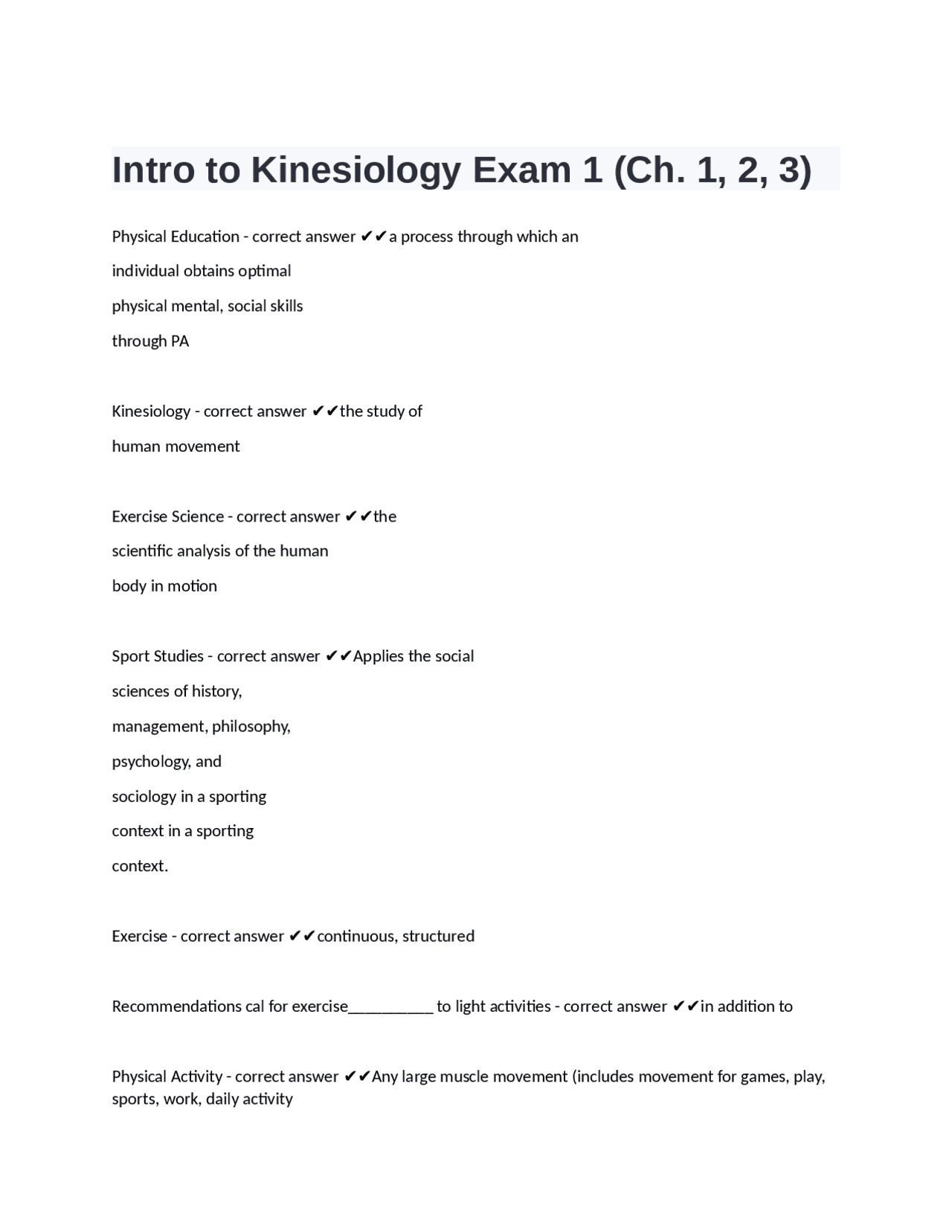 Intro to Kinesiology Exam 1 (Ch. 1, 2, 3) with correct answers | Exams ...