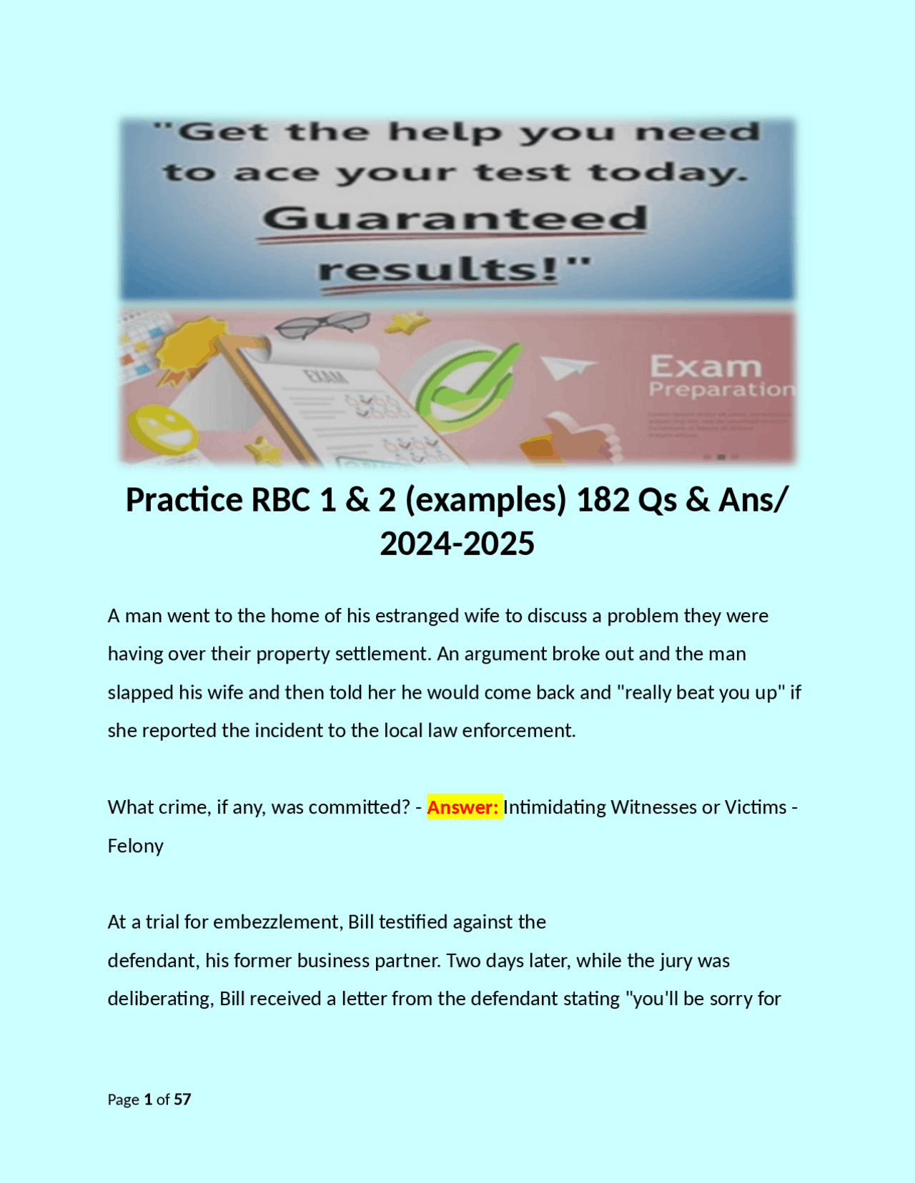 Practice RBC 1 & 2 (examples) | Exams Nursing | Docsity