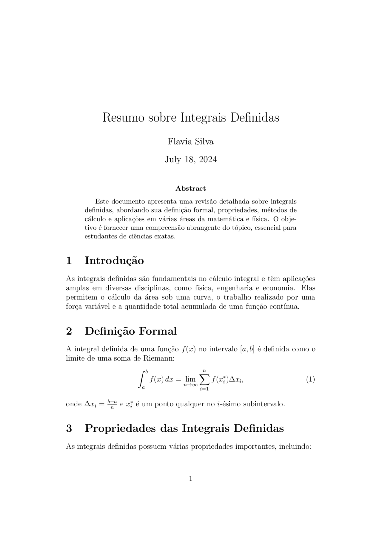 Resumo sobre Integrais Definidas | Resumos Cálculo | Docsity