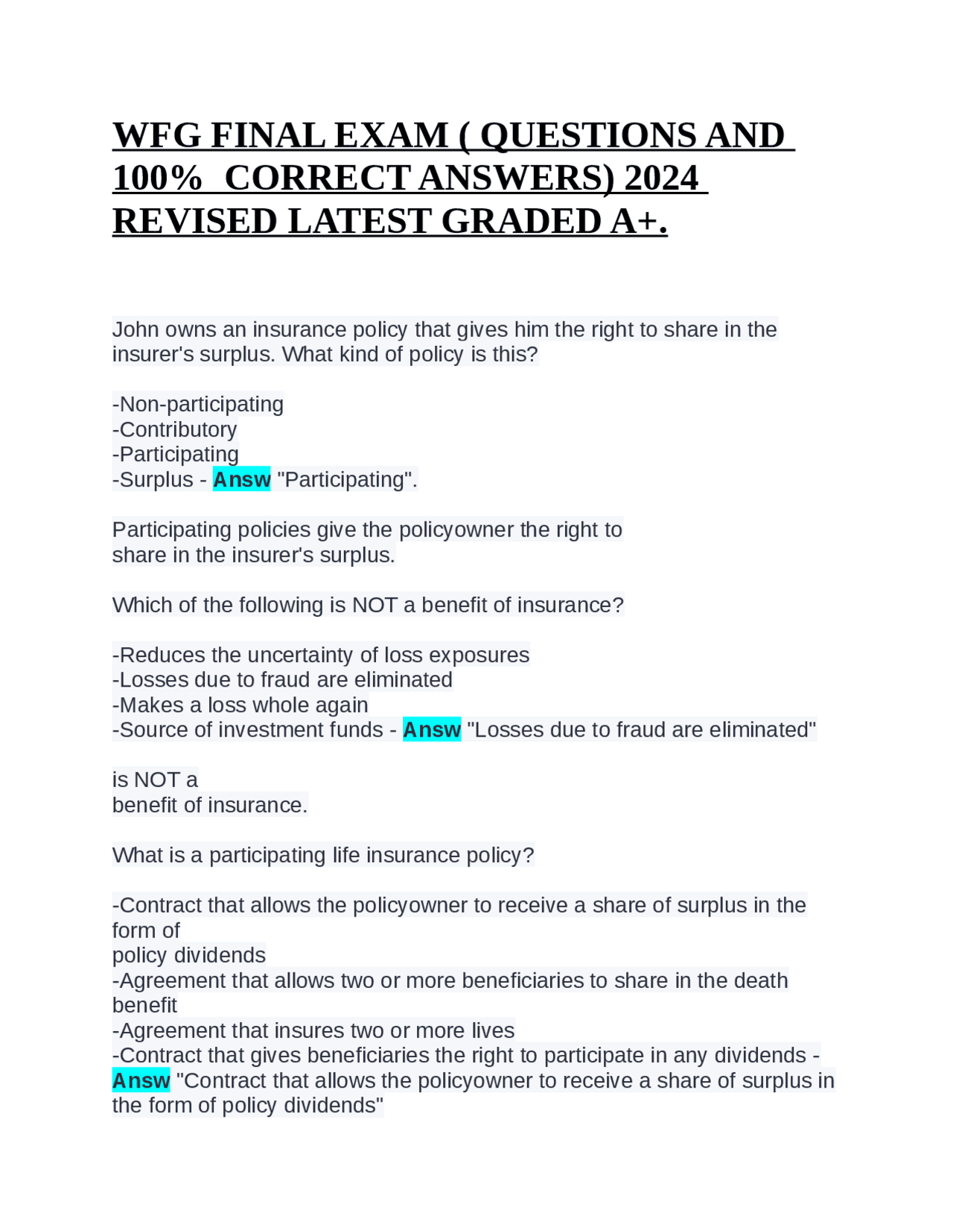 WFG FINAL EXAM ( QUESTIONS AND 100% CORRECT ANSWERS) 2024 REVISED ...