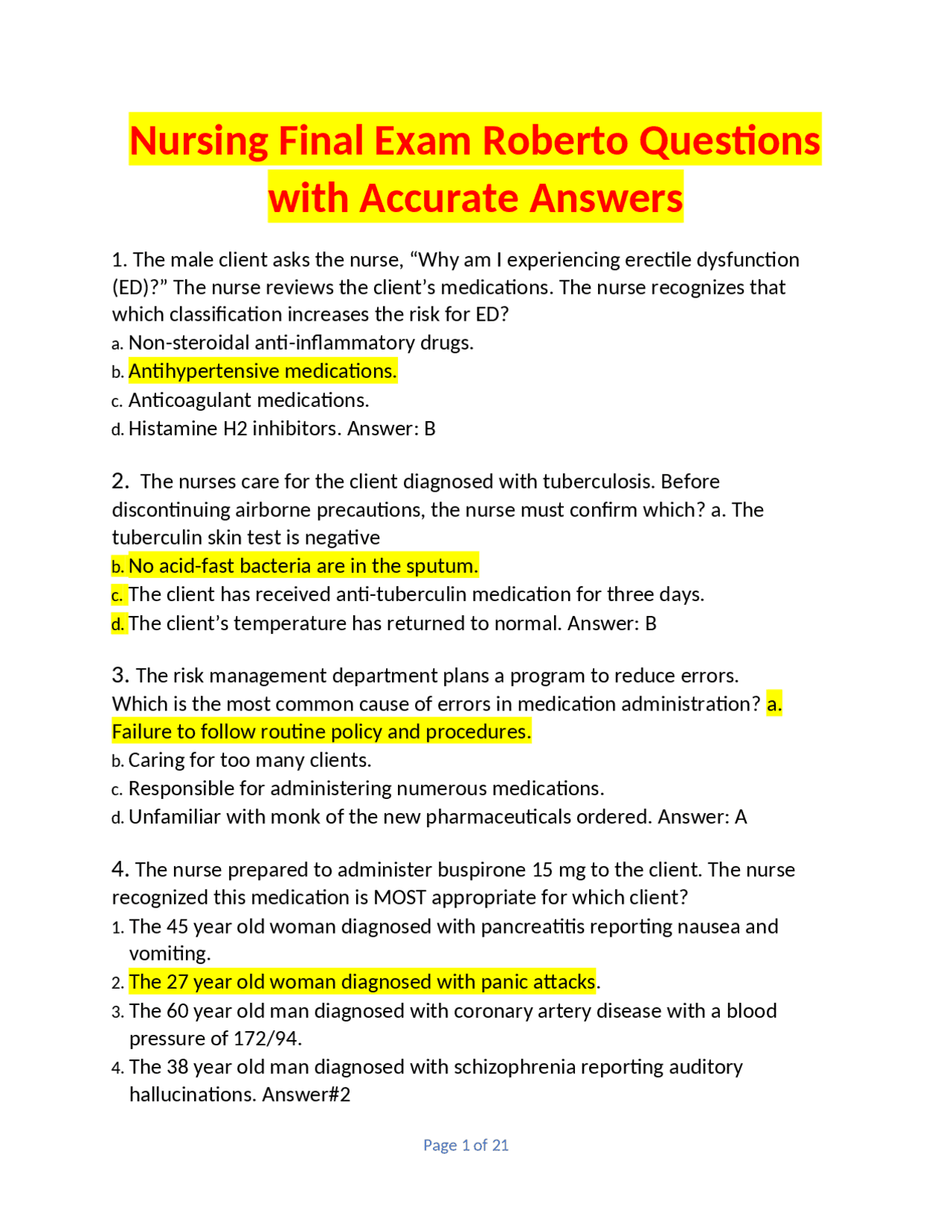 Nursing Final Exam Roberto Questions with Accurate Answers | Exams ...