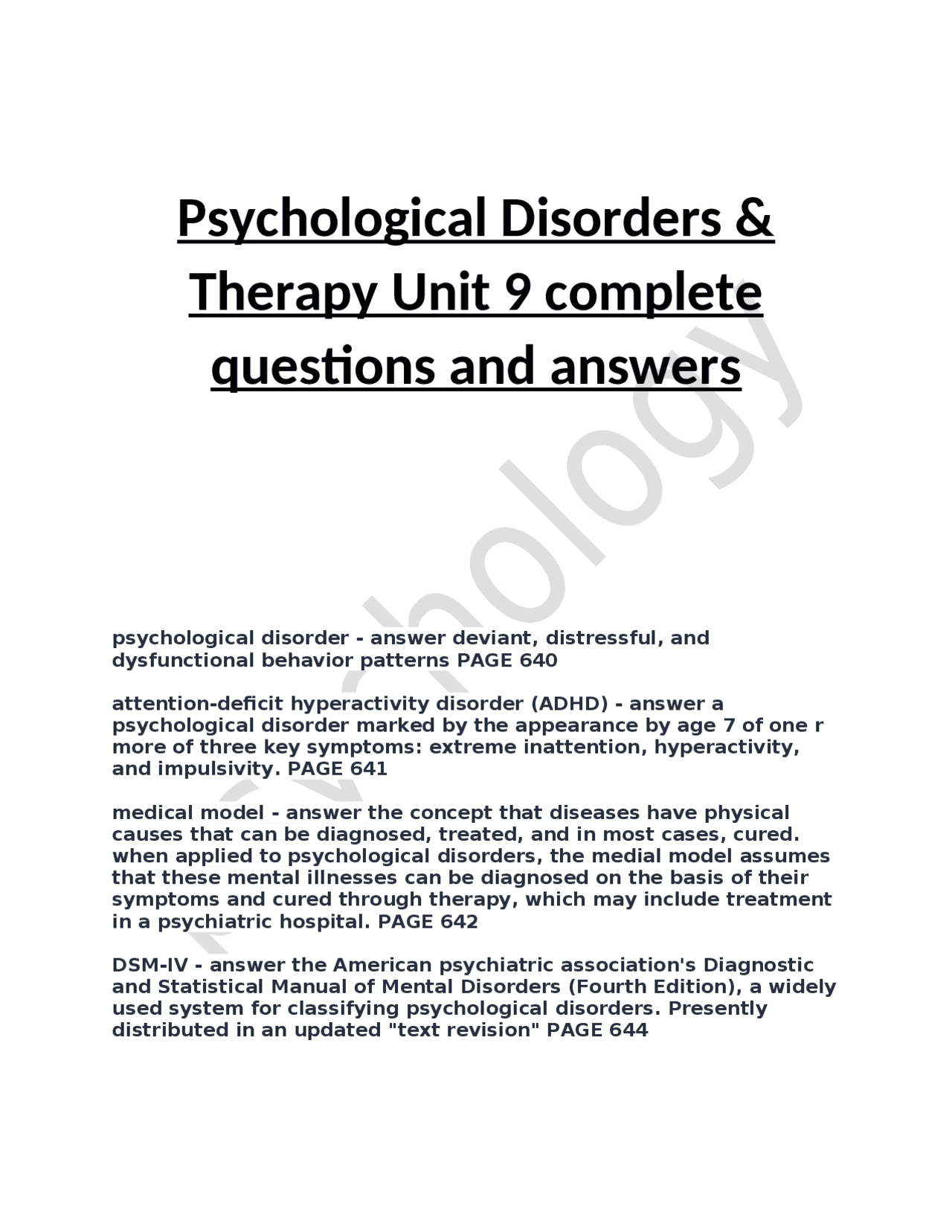 Psychological Disorders & Therapy Unit 9 complete questions and answers ...