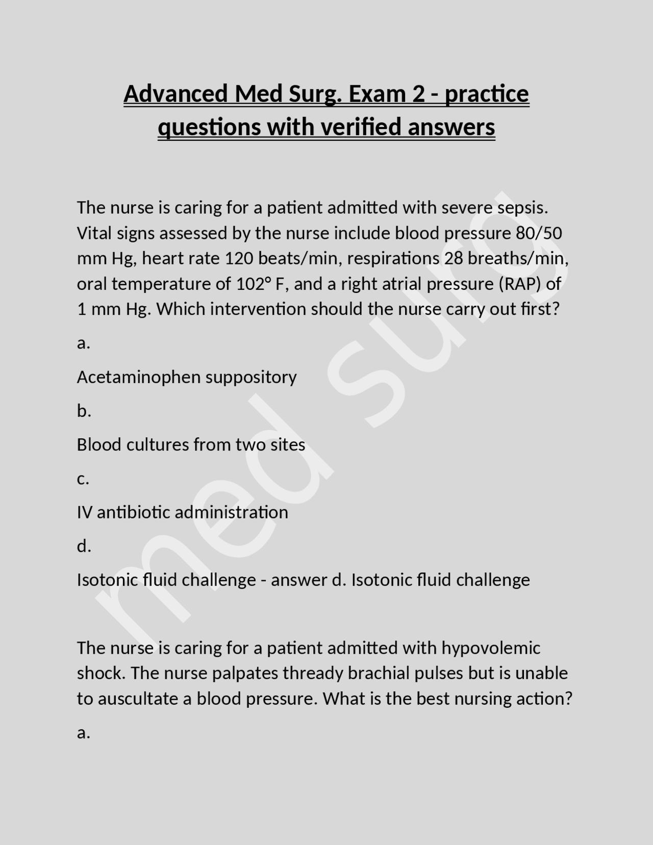 Advanced Med Surg. Exam 2 - practice questions with verified answers ...