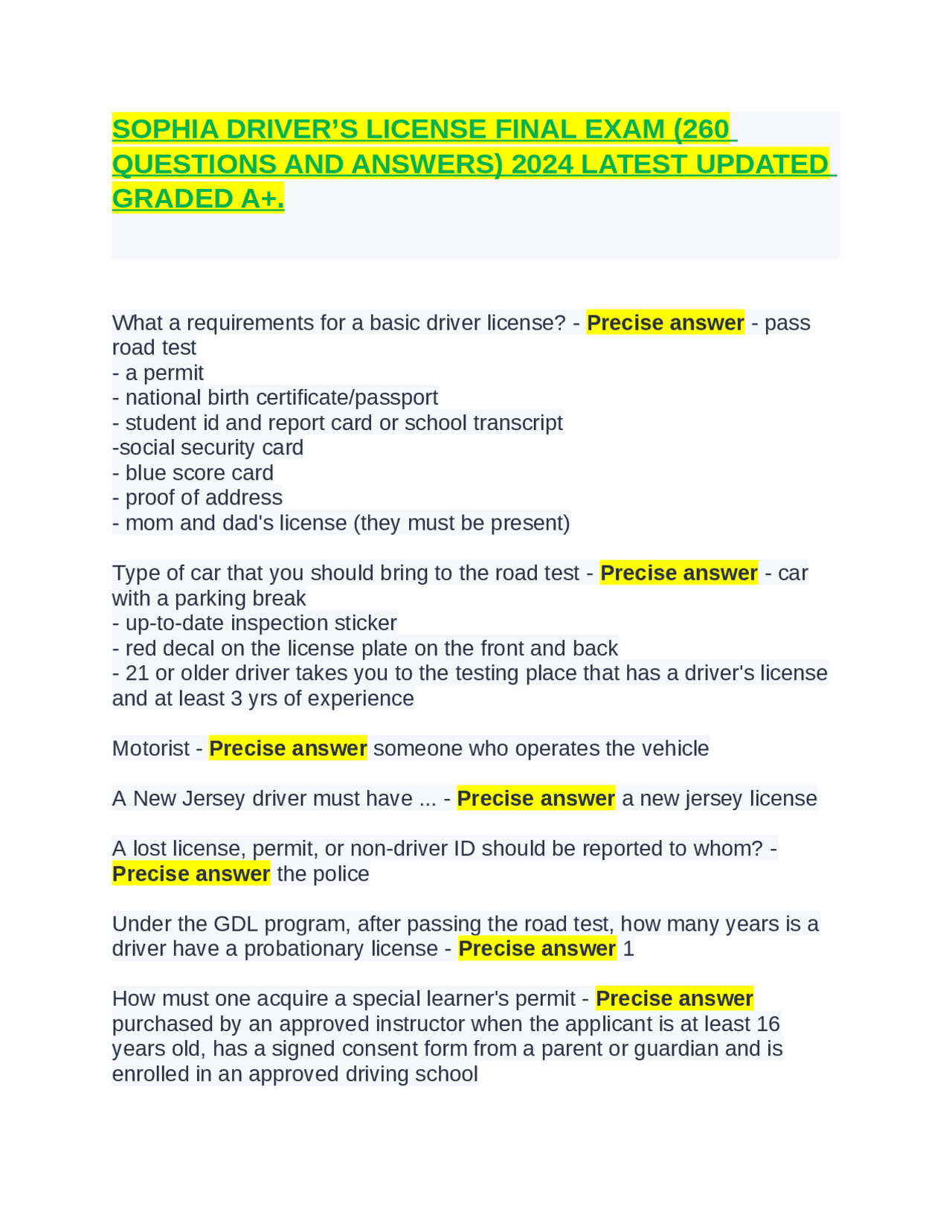 SOPHIA DRIVER’S LICENSE FINAL EXAM (260 QUESTIONS AND ANSWERS) 2024 ...