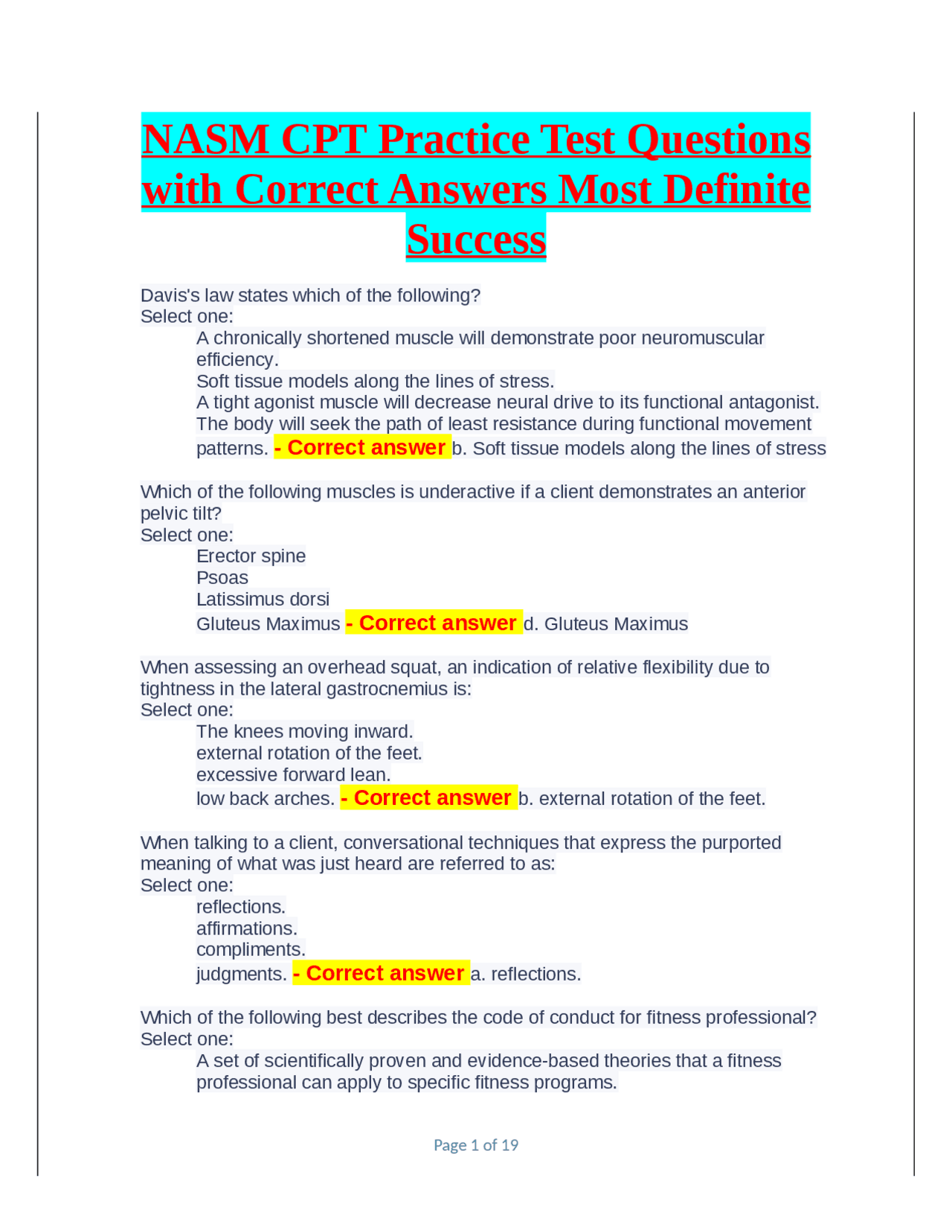 NASM CPT Practice Test Questions with Correct Answers Most Definite ...