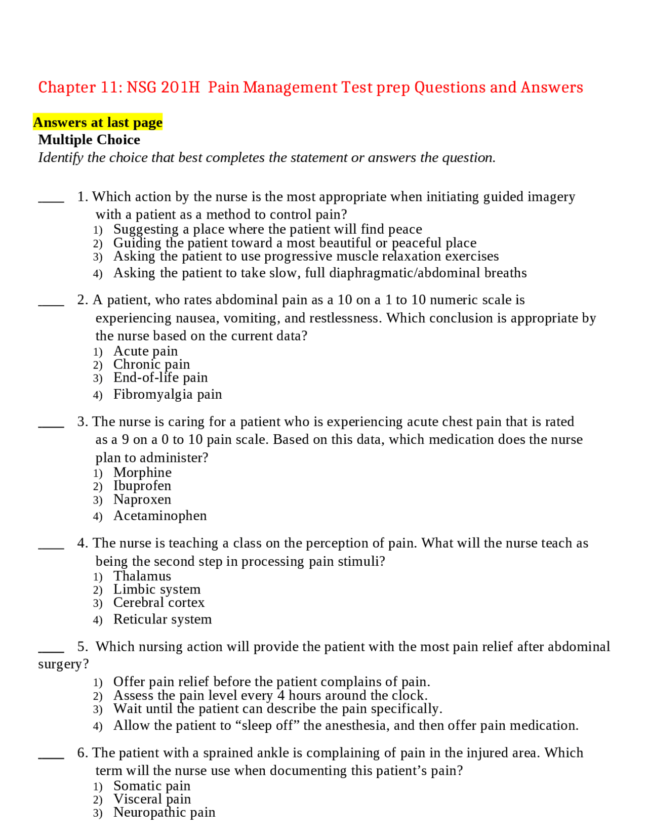 Chapter 11: NSG 201H Pain Management Test prep Questions and Answers ...