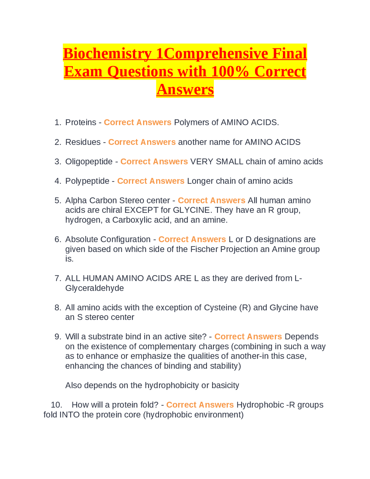 Biochemistry 1Comprehensive Final Exam Questions with 100% Correct ...