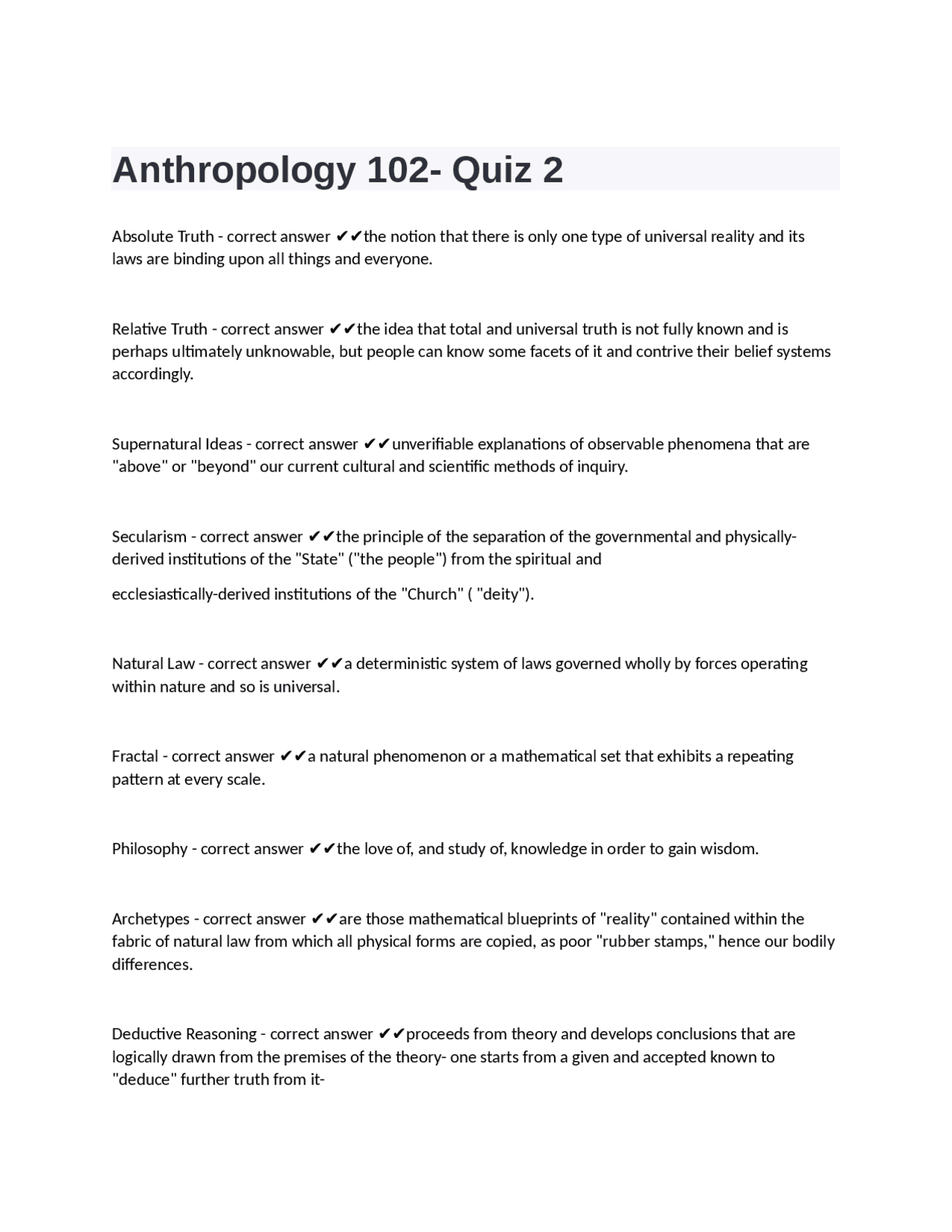 Anthropology 102- Quiz 2 with correct answers | Exams Nursing | Docsity