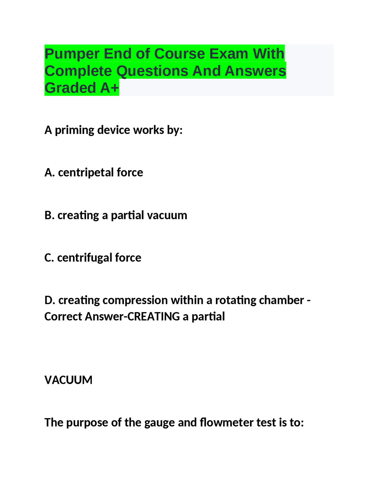 Pumper End of Course Exam With Complete Questions And Answers Graded A+ ...