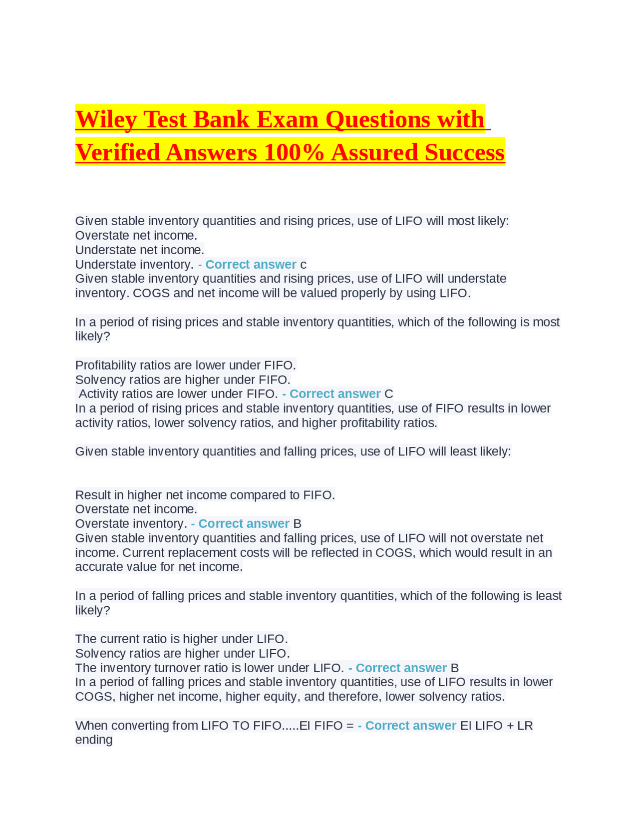 Wiley Test Bank Exam Questions with Verified Answers 100% Assured ...