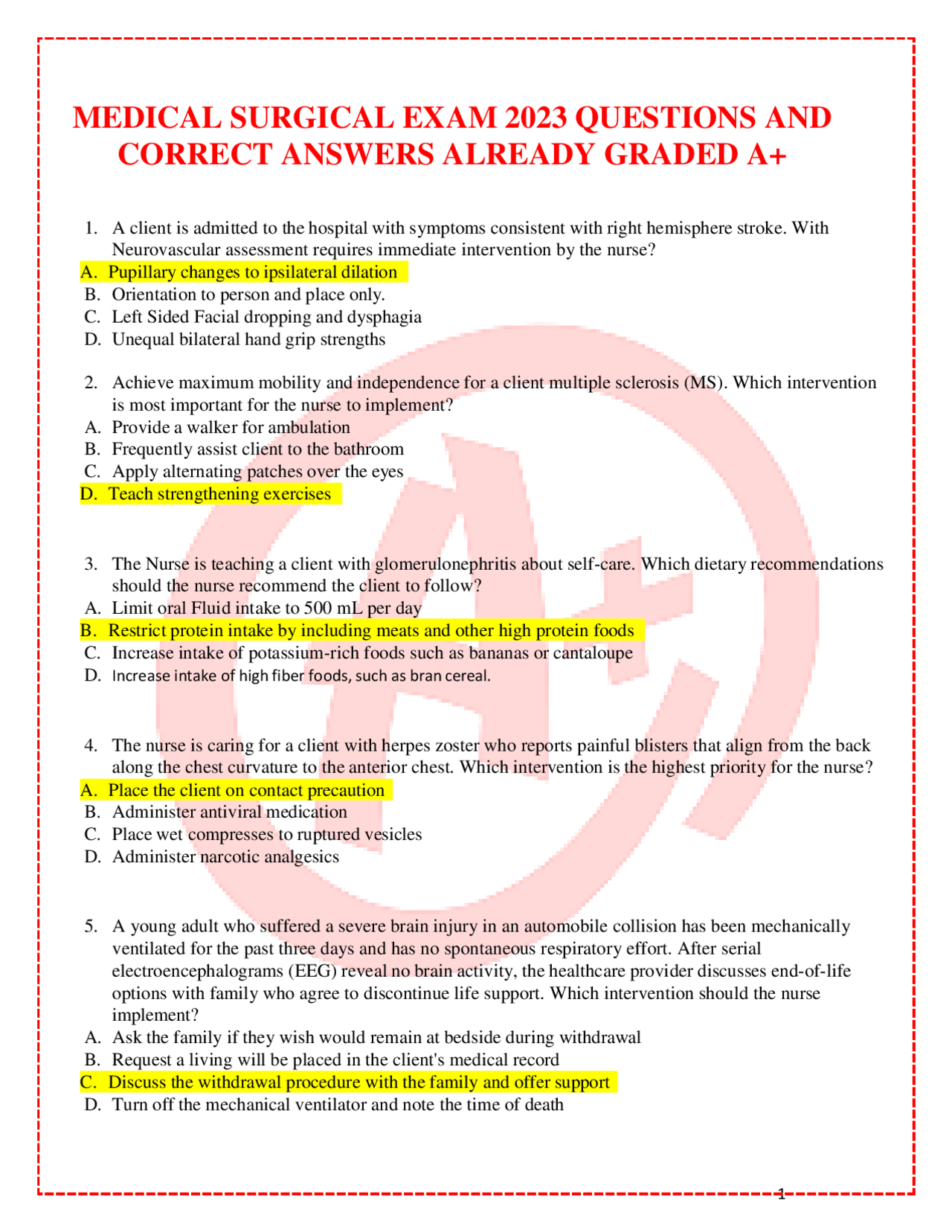 MEDICAL SURGICAL EXAM QUESTIONS AND CORRECT ANSWERS ALREADY GRADED A+ | Exams Nursing | Docsity