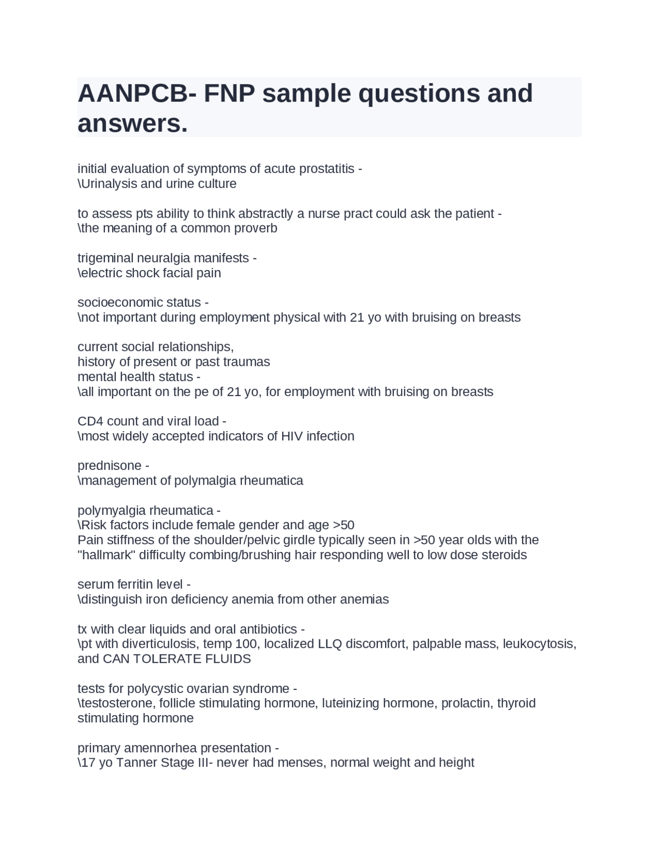 AANPCB- FNP sample questions and answers. | Exams Nursing | Docsity