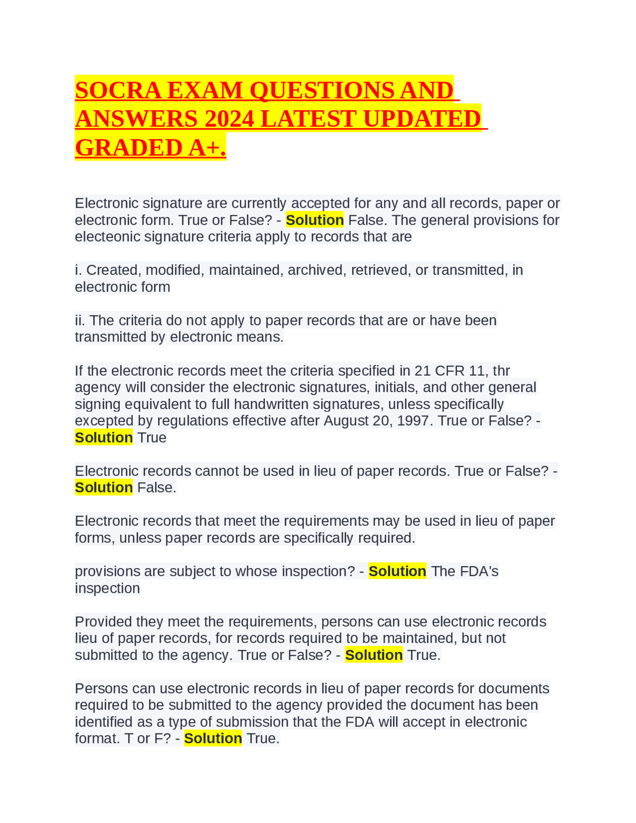 SOCRA EXAM QUESTIONS AND ANSWERS 2024 LATEST UPDATED GRADED A+. | Exams ...