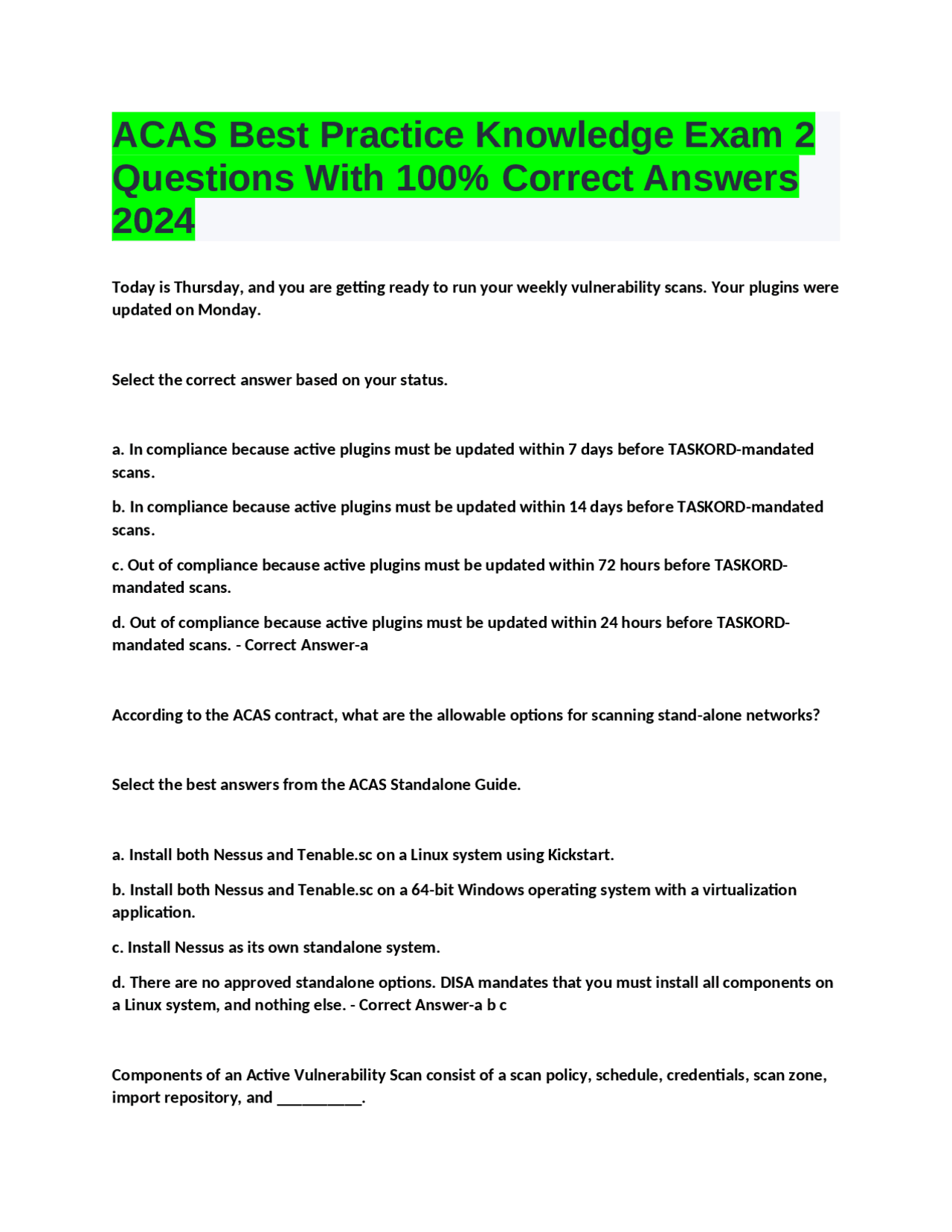 ACAS Best Practice Knowledge Exam 2 Questions With 100% Correct Answers ...