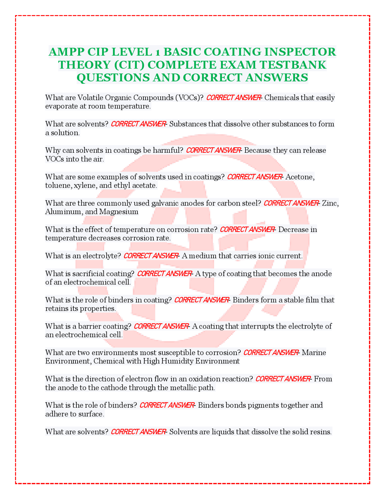 AMPP CIP LEVEL 1 BASIC COATING INSPECTOR THEORY (CIT) COMPLETE EXAM ...