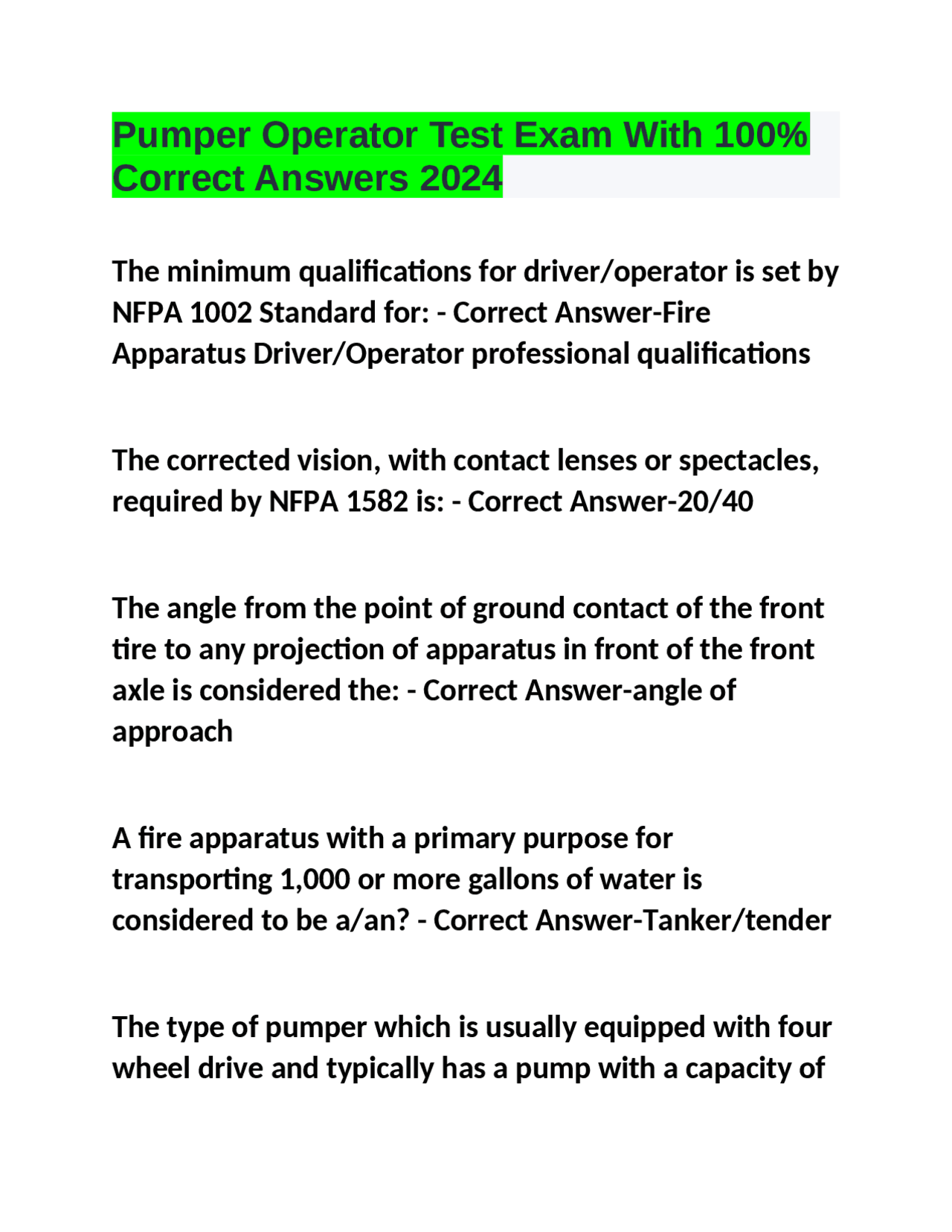 Pumper Operator Test Exam With 100% Correct Answers 2024 | Exams ...