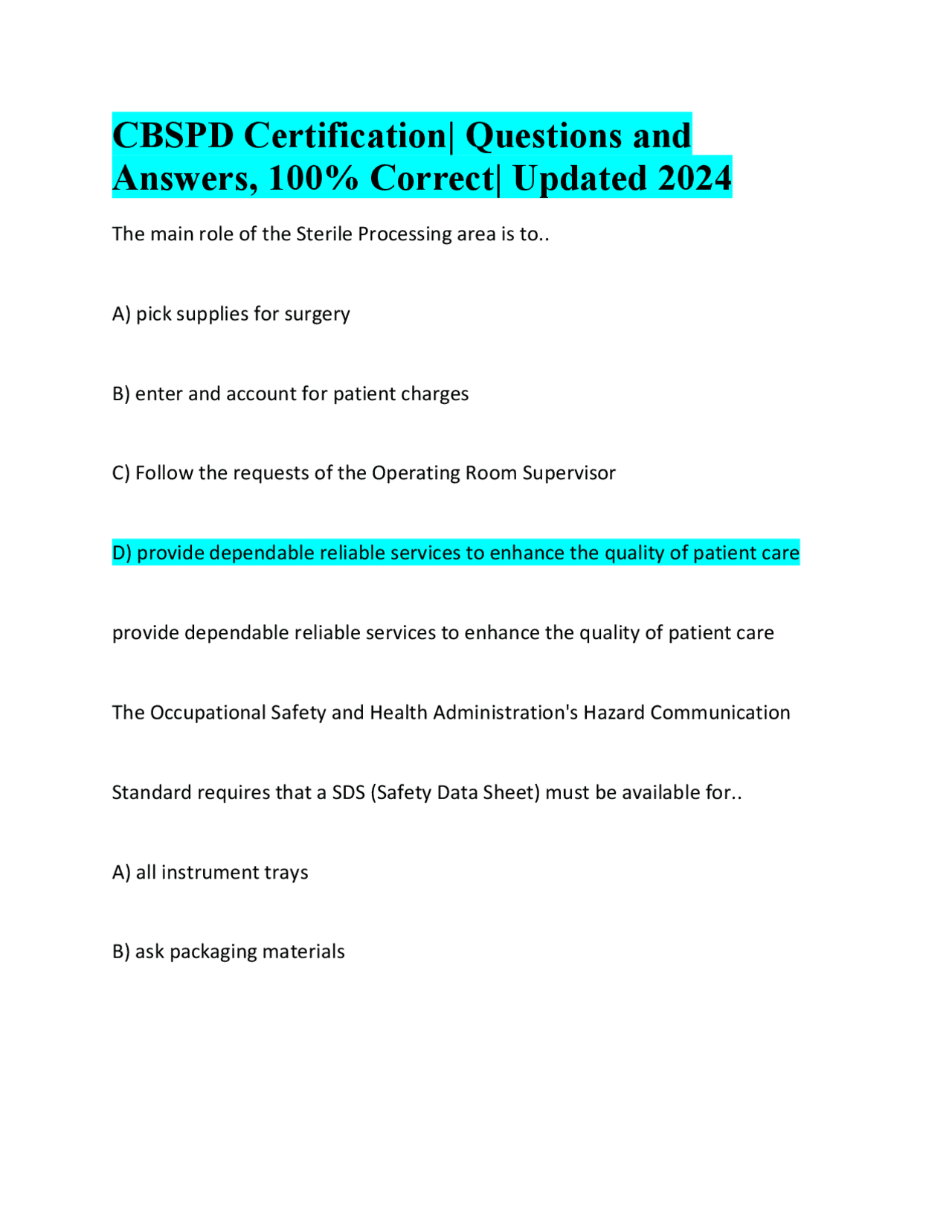 CBSPD Certification| Questions and Answers, 100% Correct| Updated 2024 ...