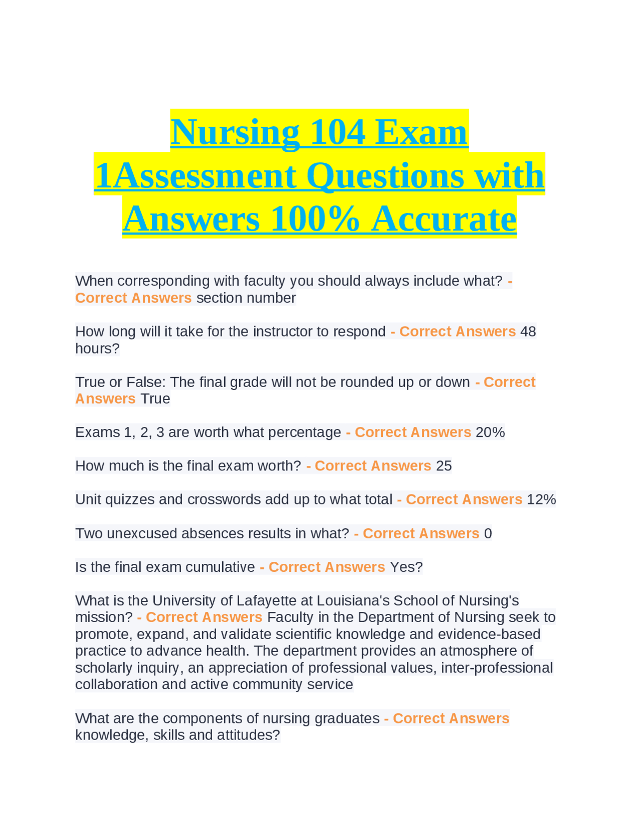 Nursing 104 Exam 1Assessment Questions with Answers 100% Accurate ...