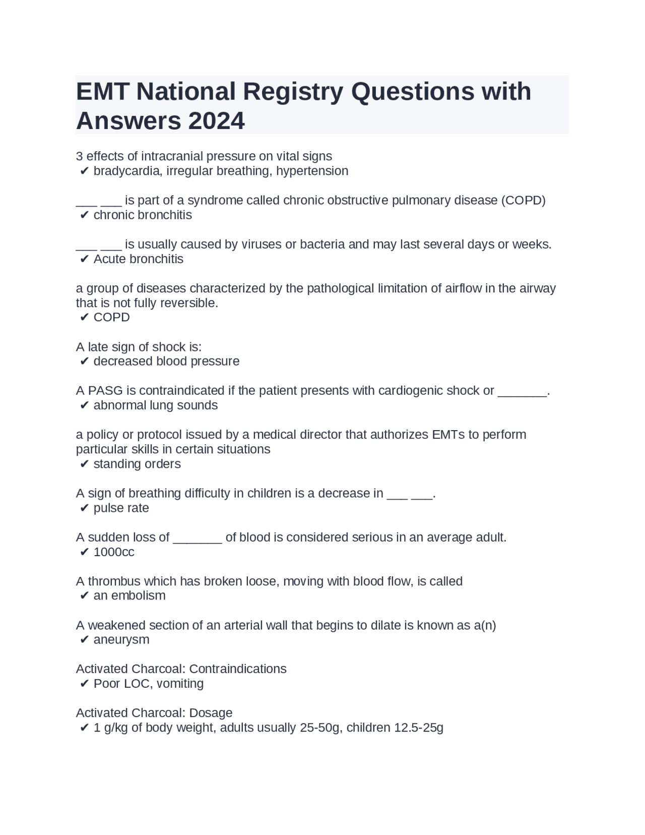 EMT National Registry Questions with Answers 2024 | Exams Nursing | Docsity