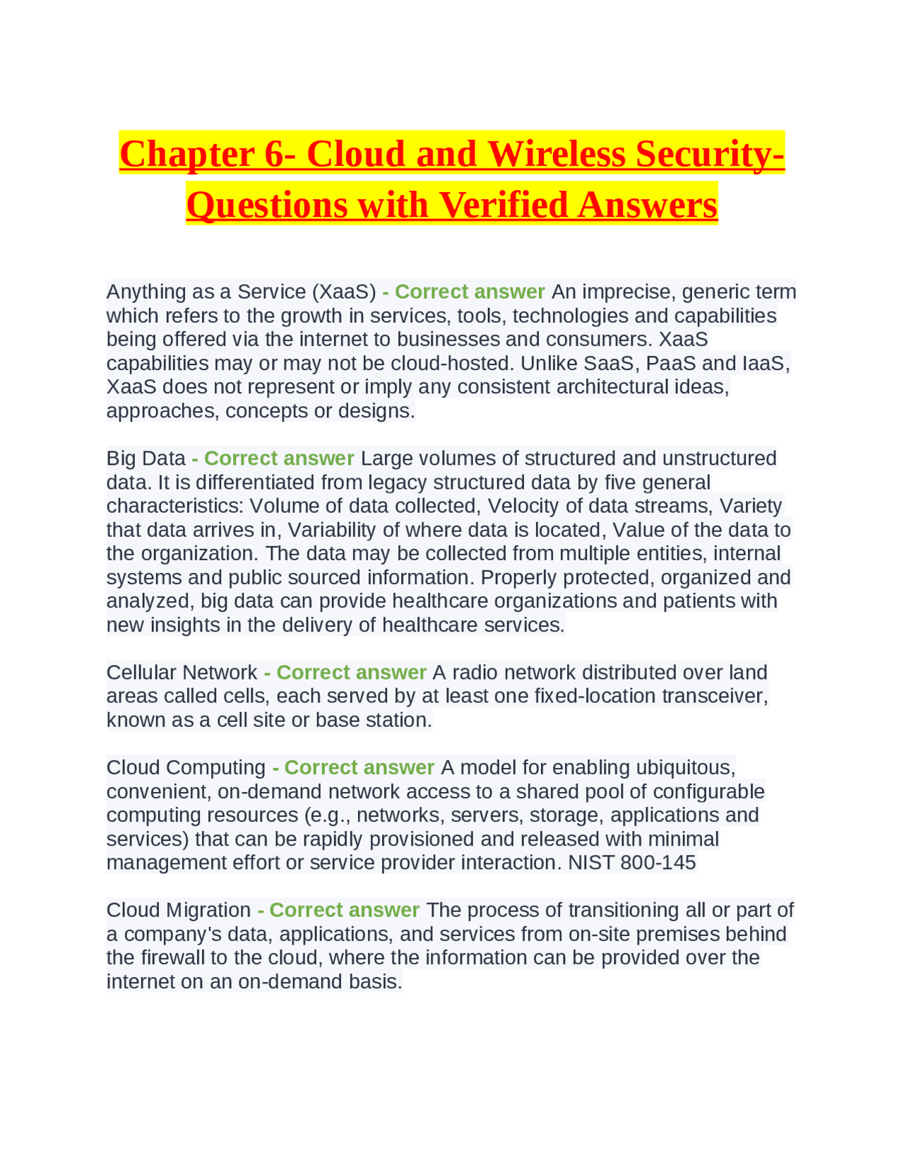 Chapter 6- Cloud and Wireless Security- Questions with Verified Answers | Exams Nursing | Docsity