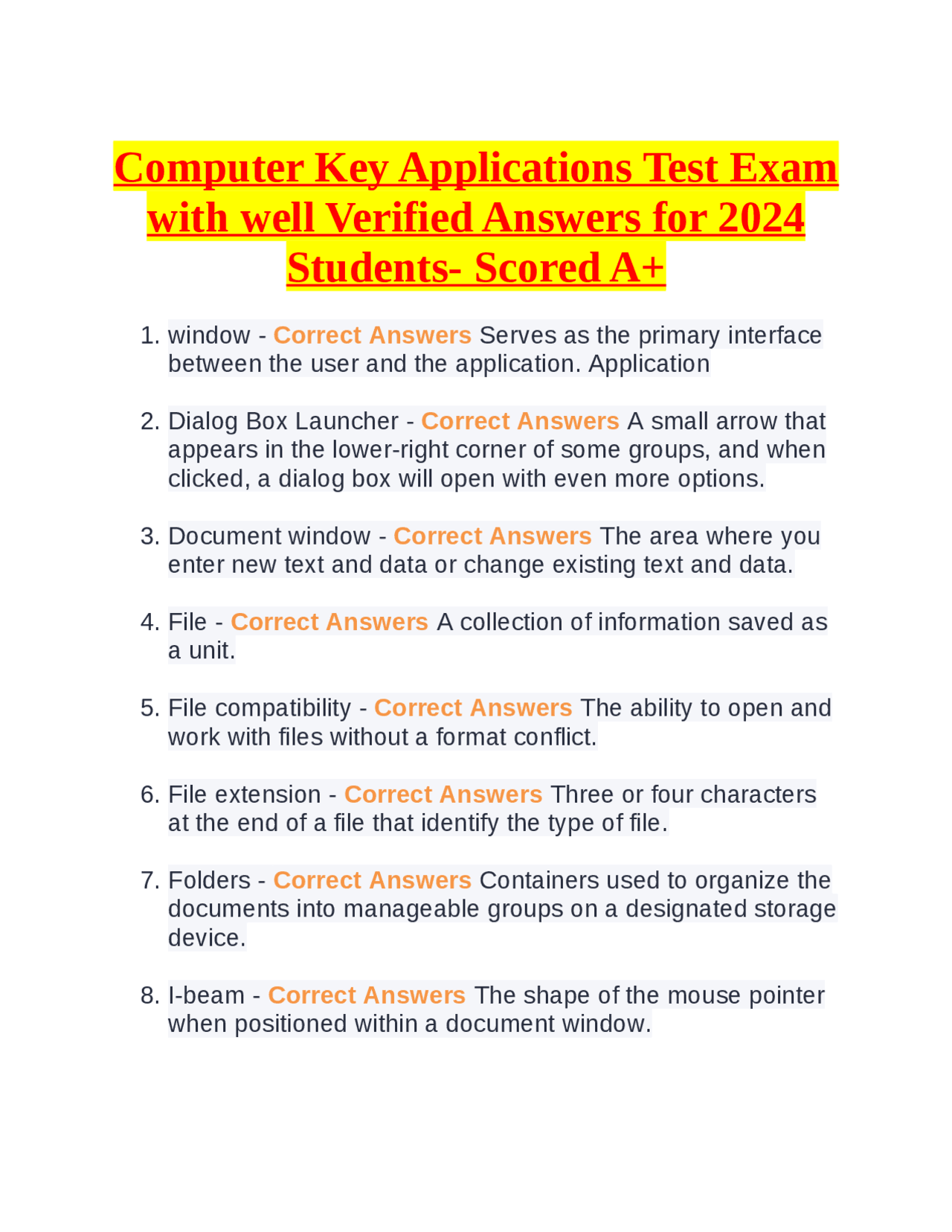 Computer Key Applications Test Exam with well Verified Answers for 2024 ...