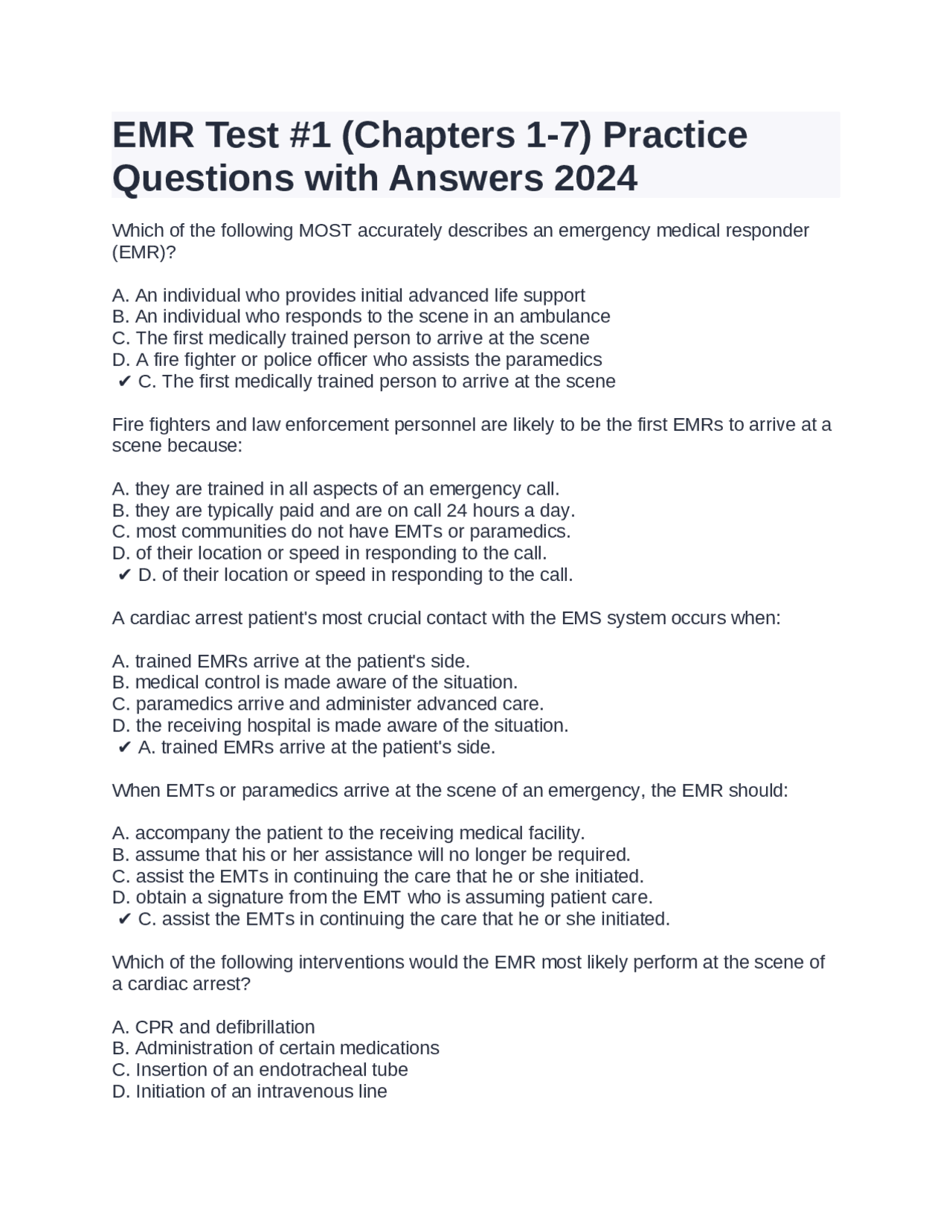 EMR Test #1 (Chapters 1-7) Practice Questions with Answers 2024 | Exams ...