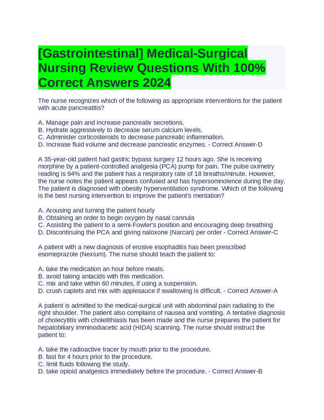 [Gastrointestinal] MedicalSurgical Nursing Review Questions With 100% ...