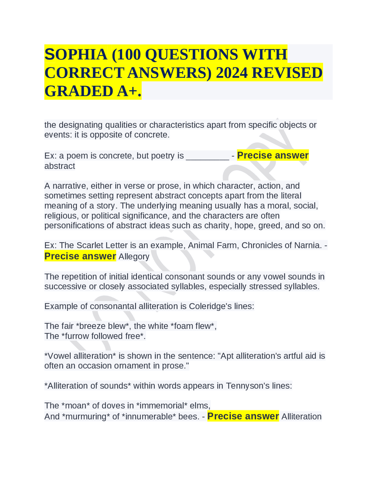 SOPHIA (100 QUESTIONS WITH CORRECT ANSWERS) 2024 REVISED GRADED A+ ...