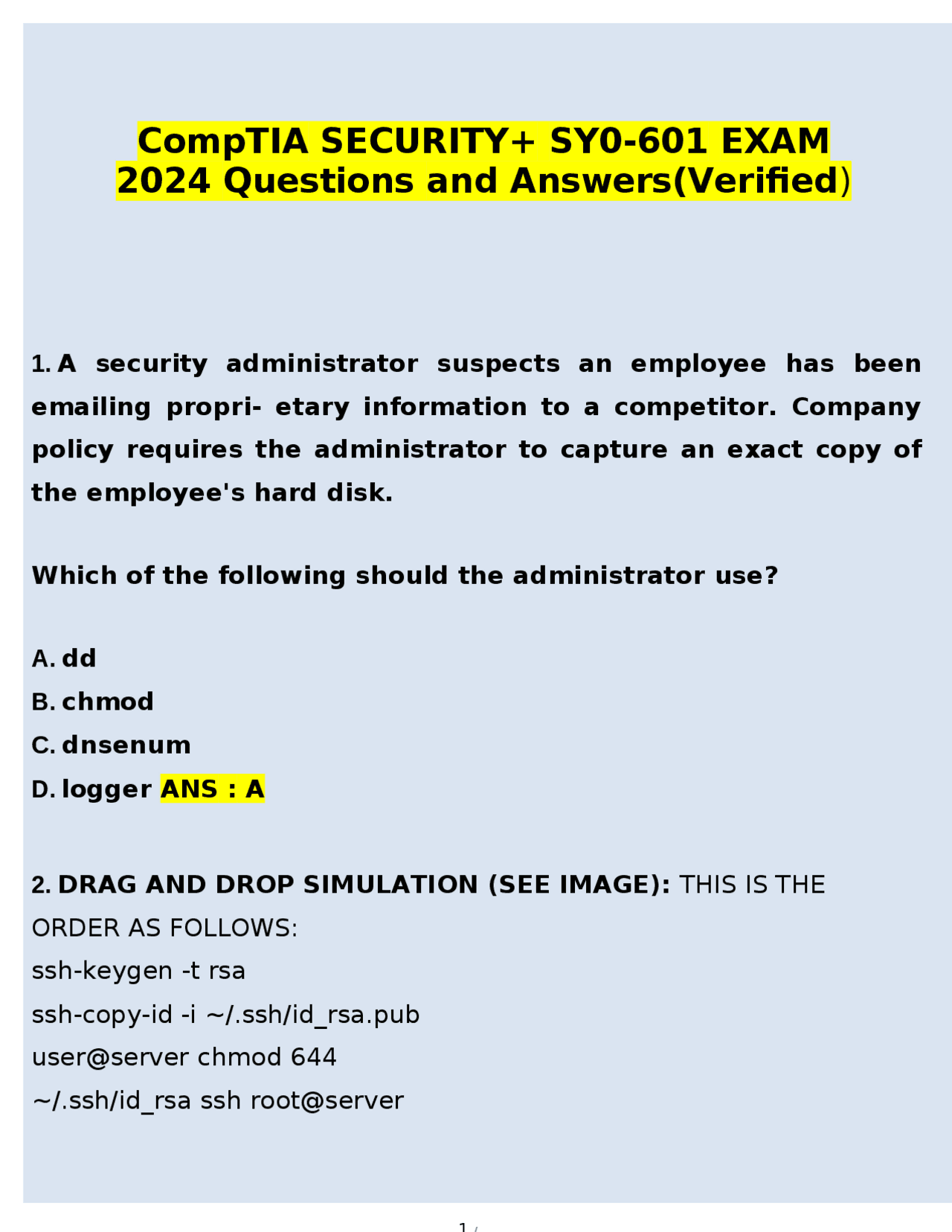 CompTIA SECURITY+ SY0-601 EXAM 2024 Questions and Answers(Verified) | Exams Computer Science ...