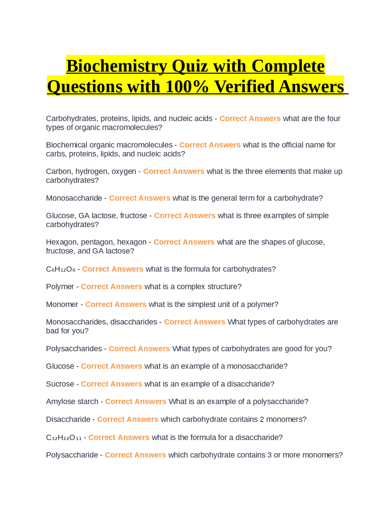 Biochemistry Quiz with Complete Questions with 100% Verified Answers ...