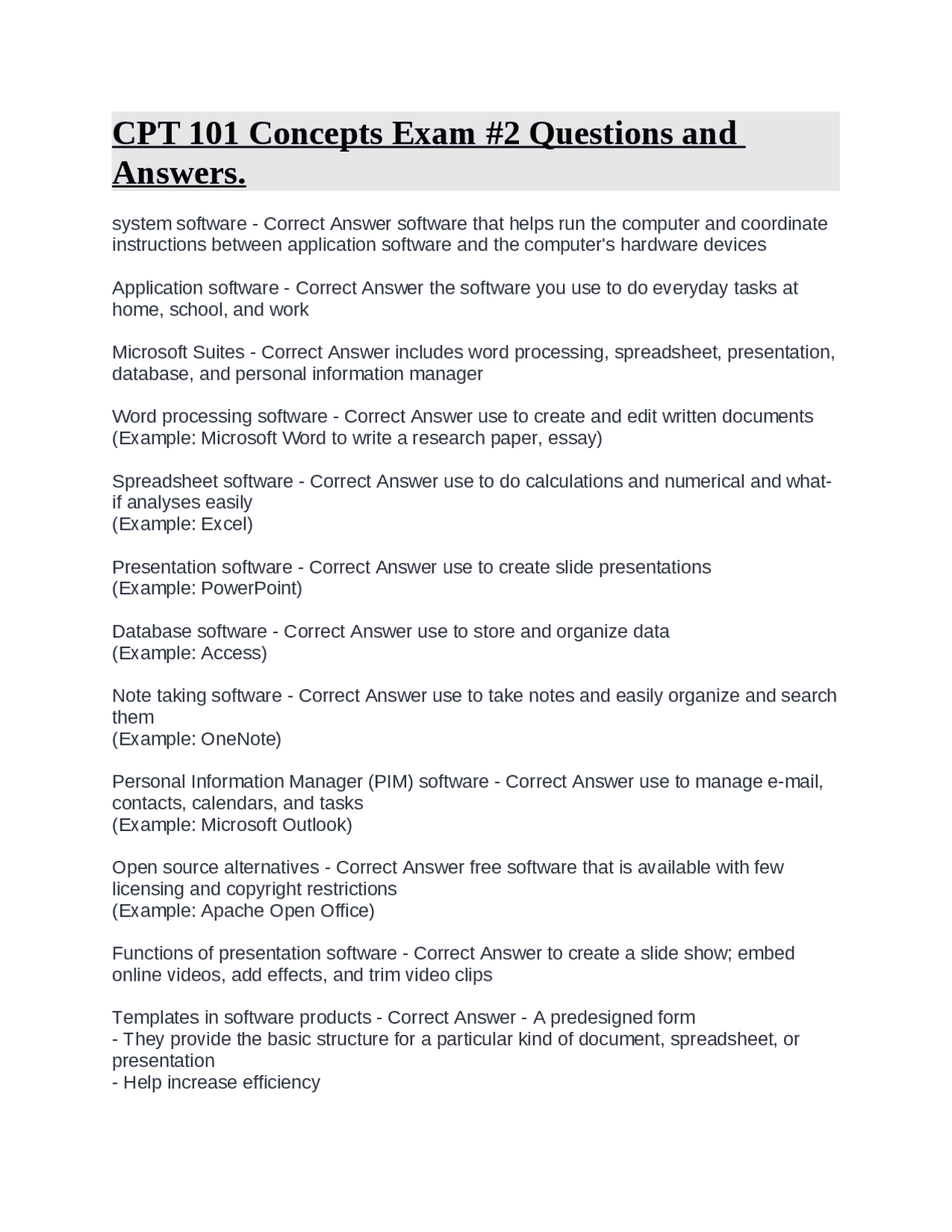 Computer Concepts and Applications: Exam Review | Exams Economics Concepts for Engineers | Docsity