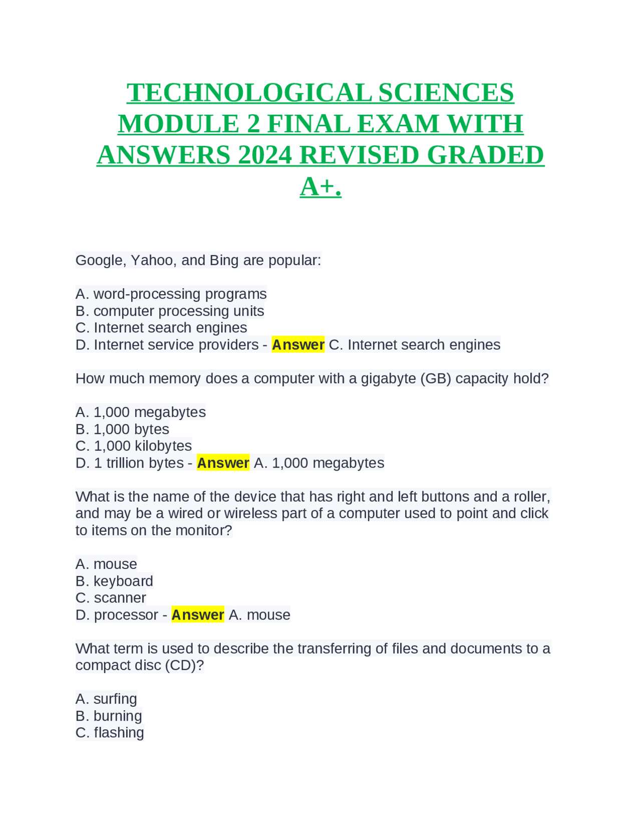 TECHNOLOGICAL SCIENCES MODULE 2 FINAL EXAM WITH ANSWERS 2024 REVISED ...