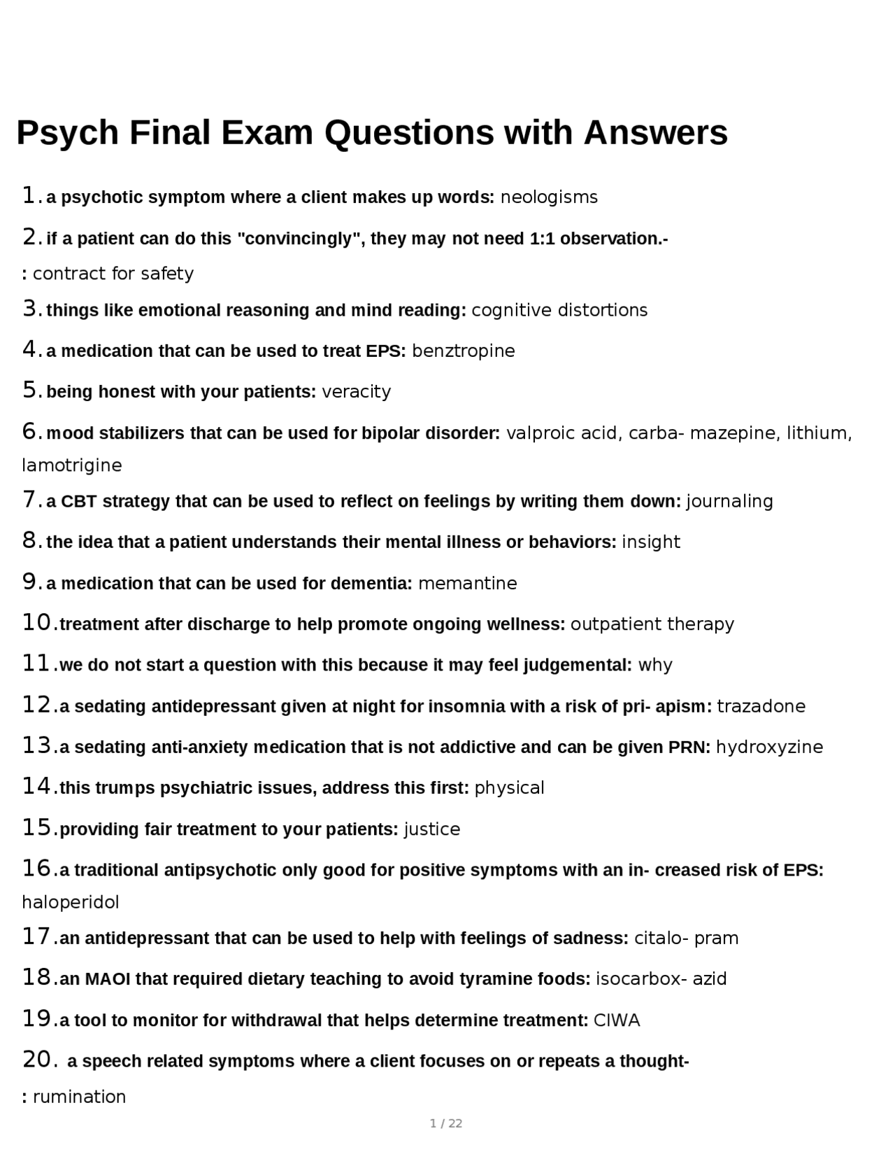 Psych Final Exam Questions with Answers | Exams Psychology | Docsity