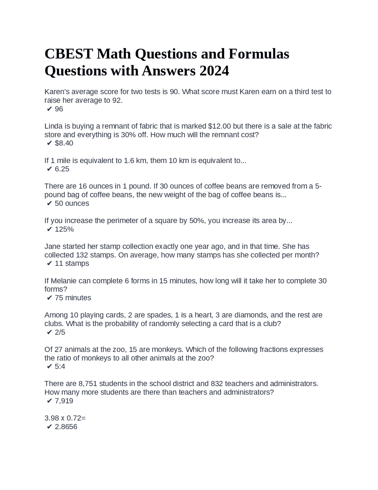 CBEST Math Questions and Formulas Questions with Answers 2024 | Exams ...