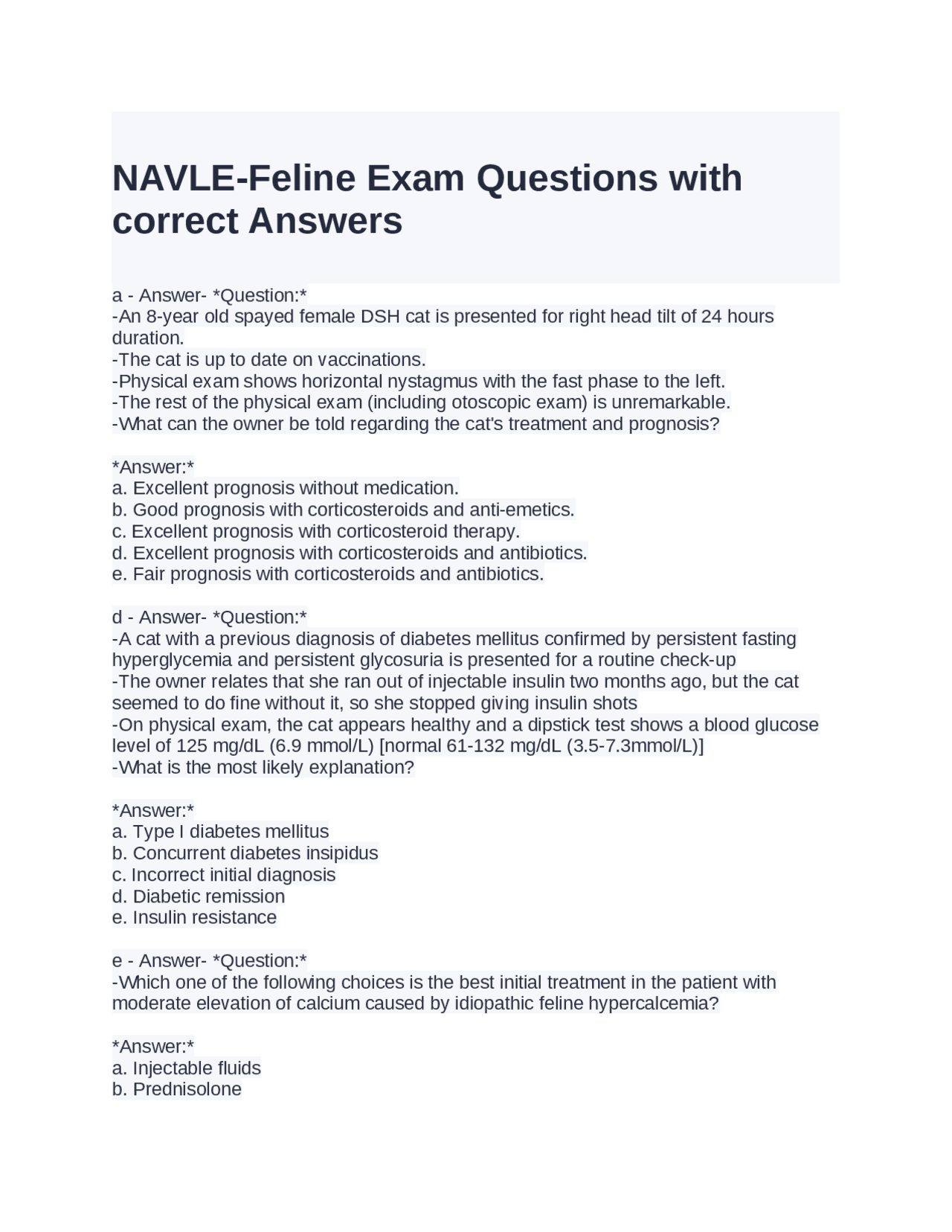 NAVLE-Feline Exam Questions with correct Answers | Exams Advanced ...