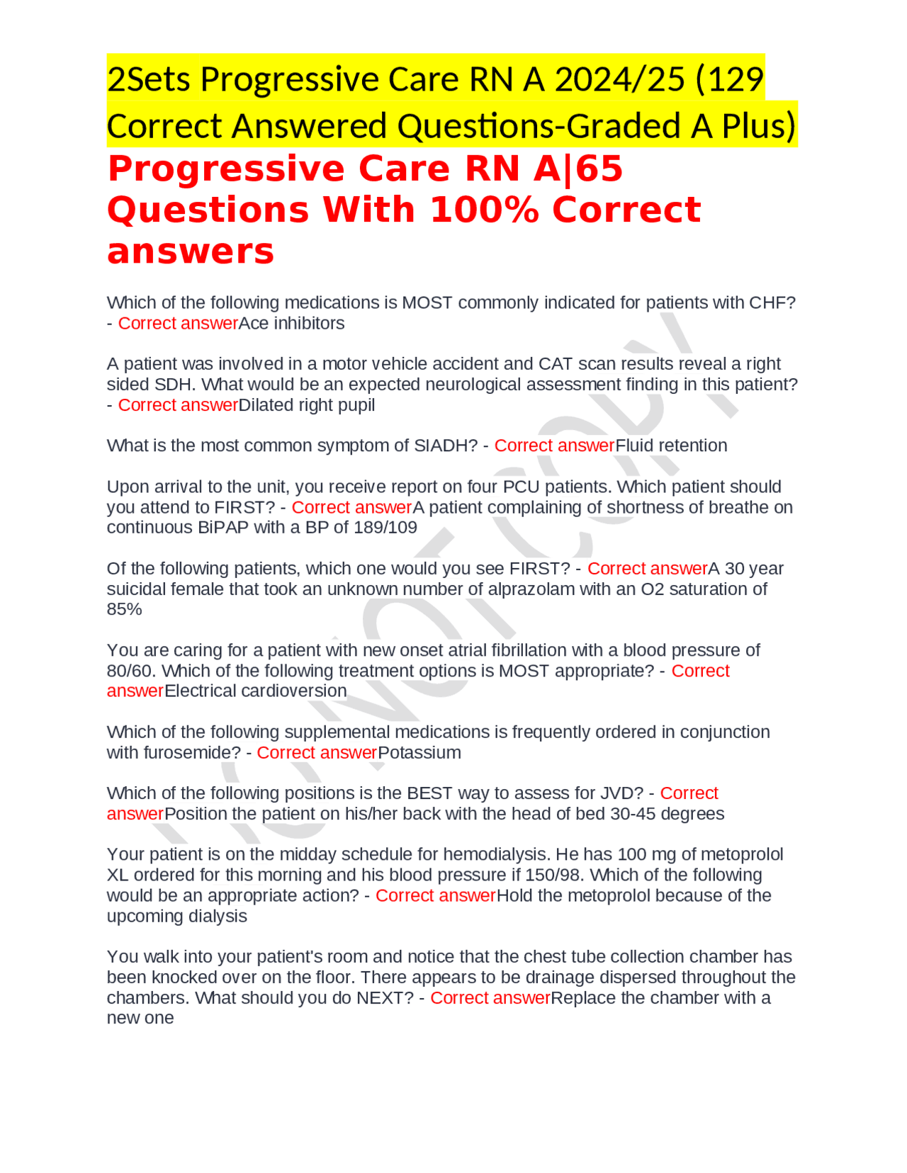 2Sets Progressive Care RN A 2024/25 (129 Correct Answered Questions ...