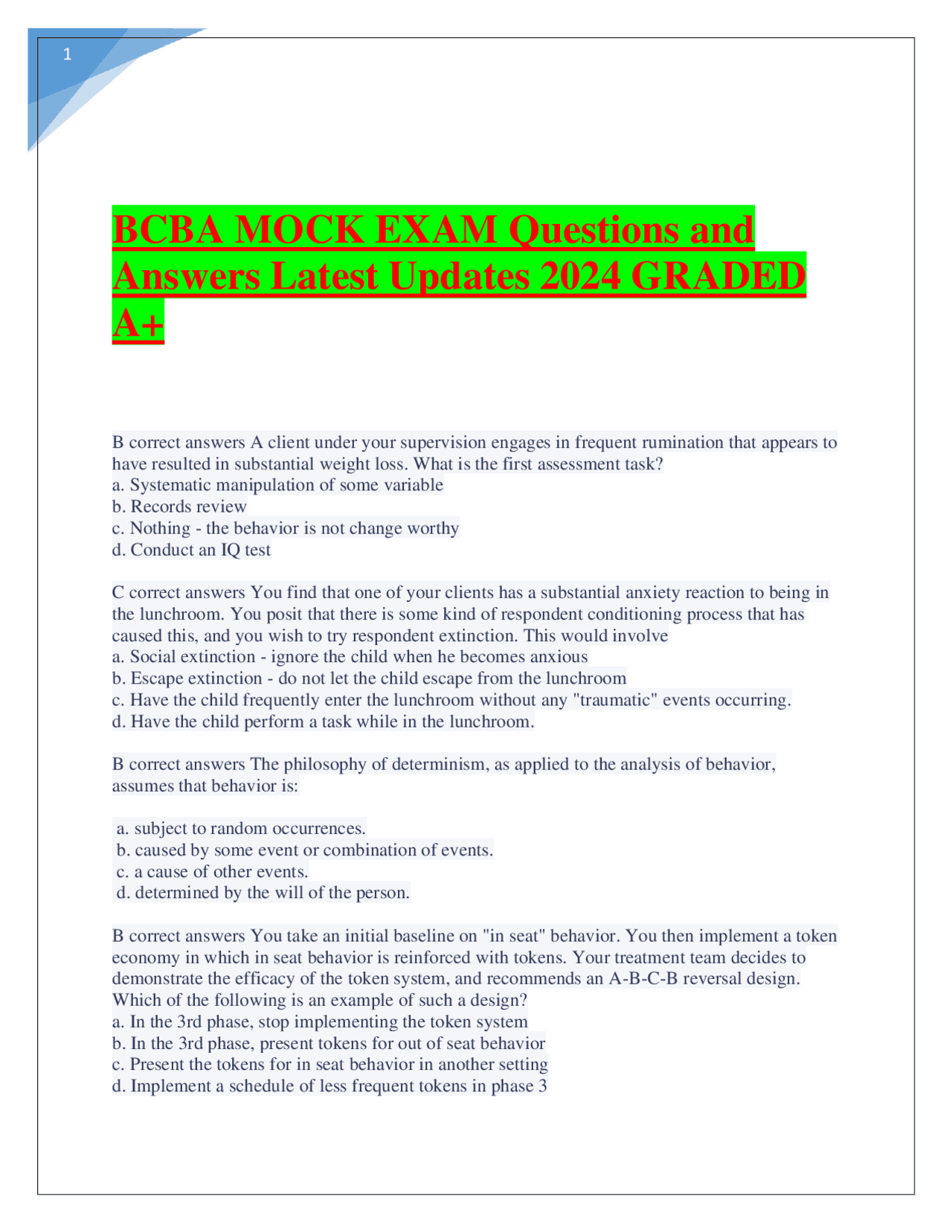 BCBA MOCK EXAM Questions and Answers Latest Updates 2024 GRADED A+ ...