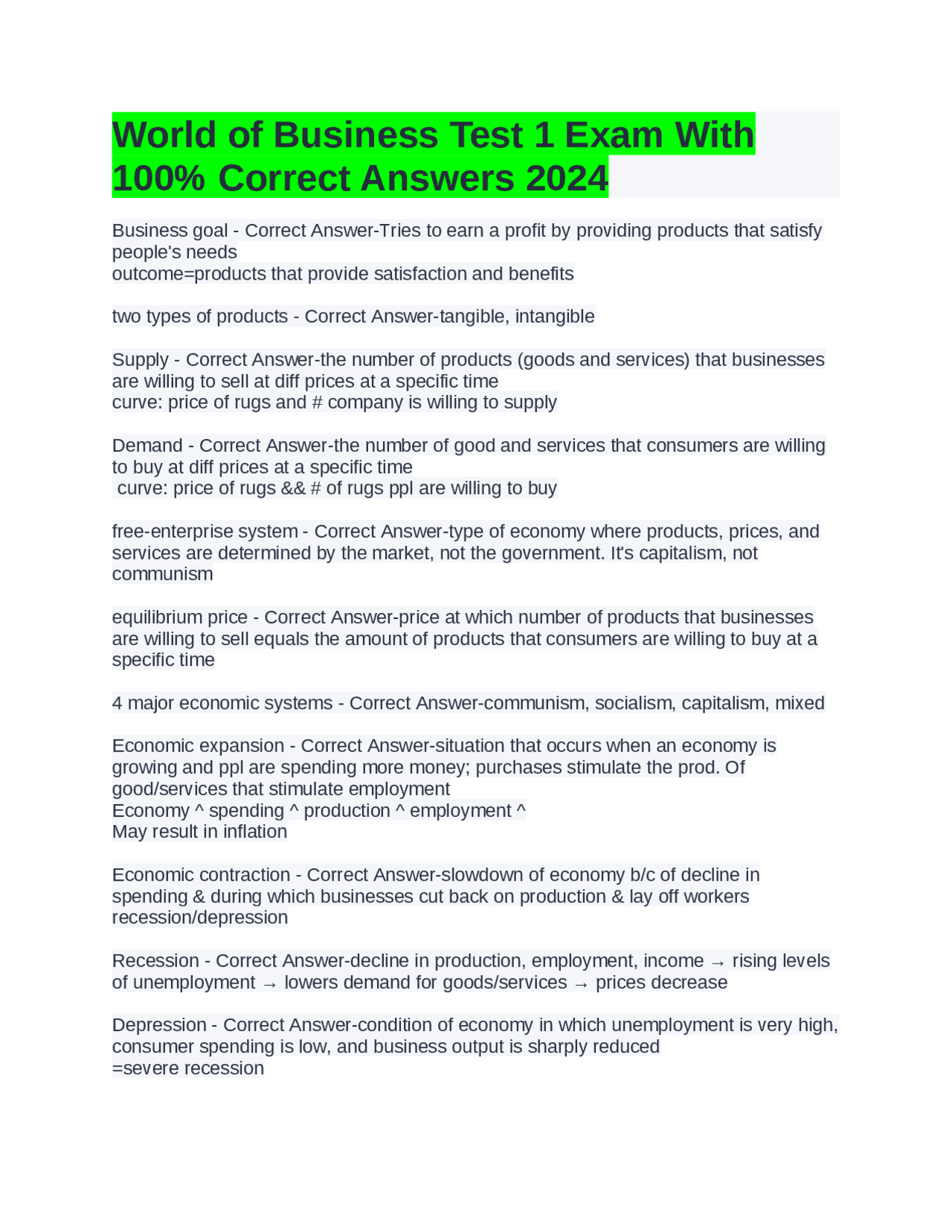 World of Business Test 1 Exam With 100% Correct Answers 2024 | Exams ...