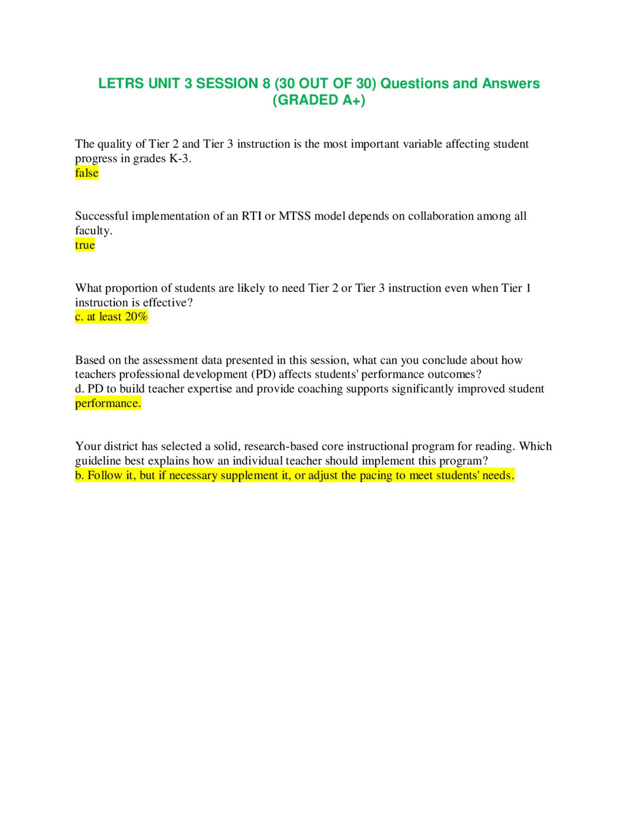 LETRS UNIT 3 SESSION 8 (30 OUT OF 30) Questions and Answers (GRADED A+ ...