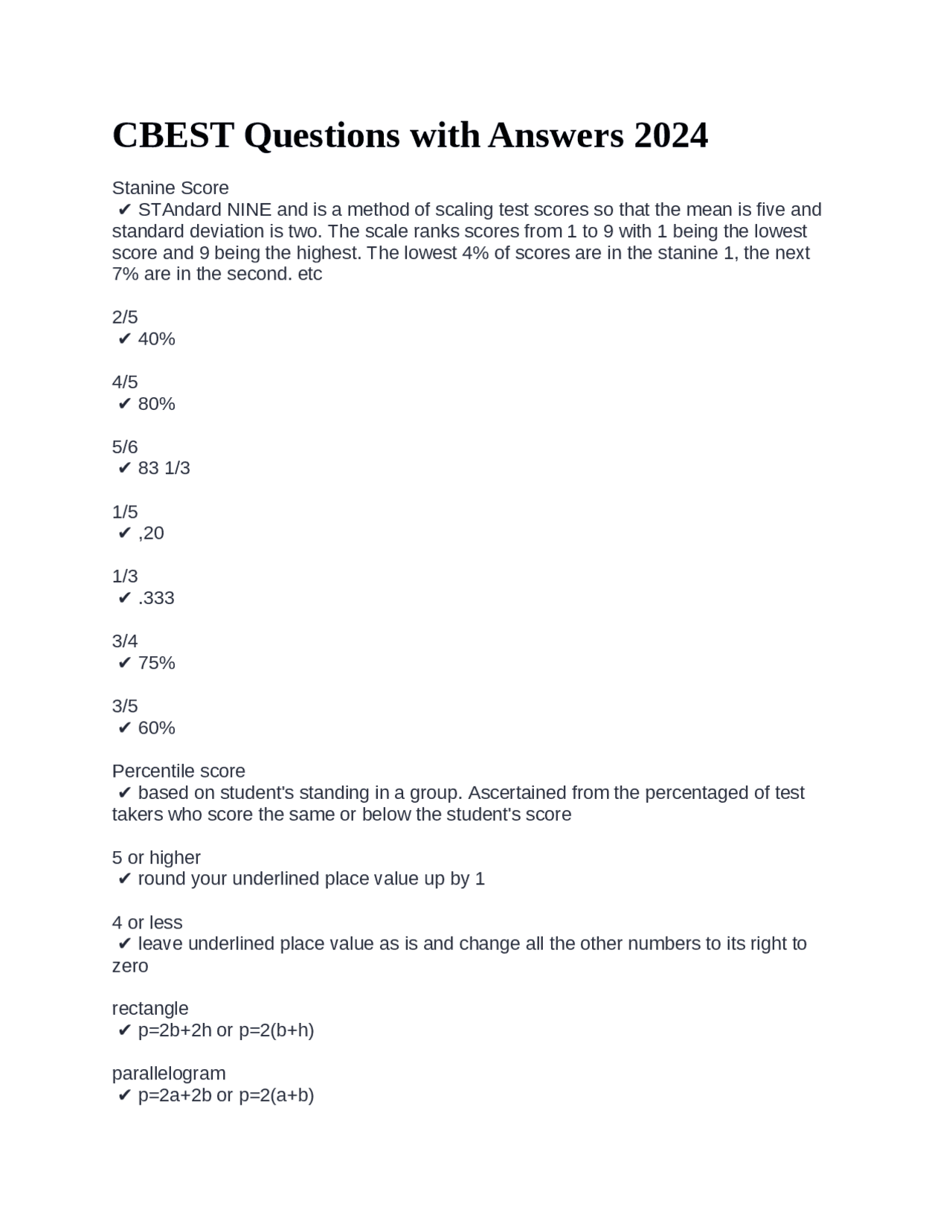 CBEST Questions with Answers 2024 | Exams Mathematics | Docsity