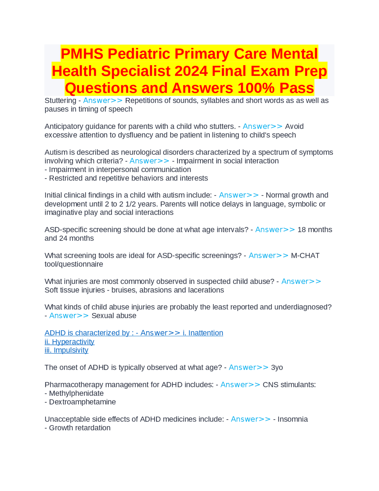 PMHS Pediatric Primary Care Mental Health Specialist 2024 Final Exam ...